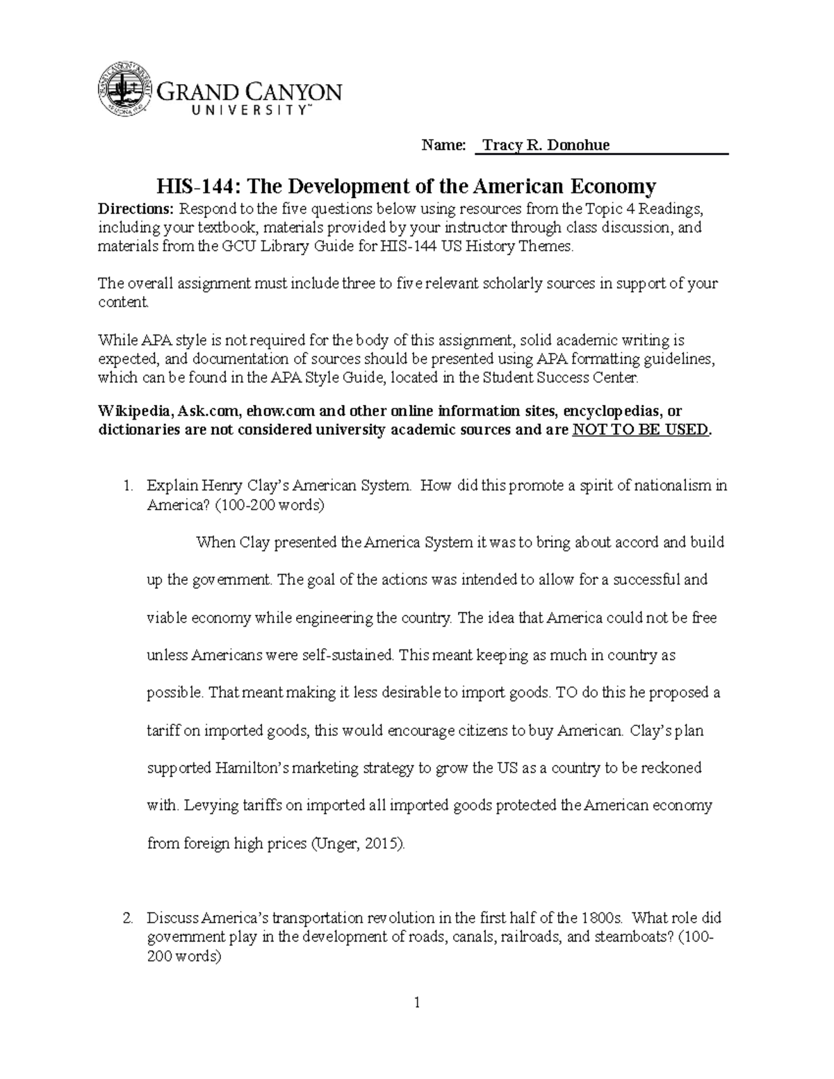 HIS-144 - Development of the American Economy Worksheet - Name: Tracy R ...