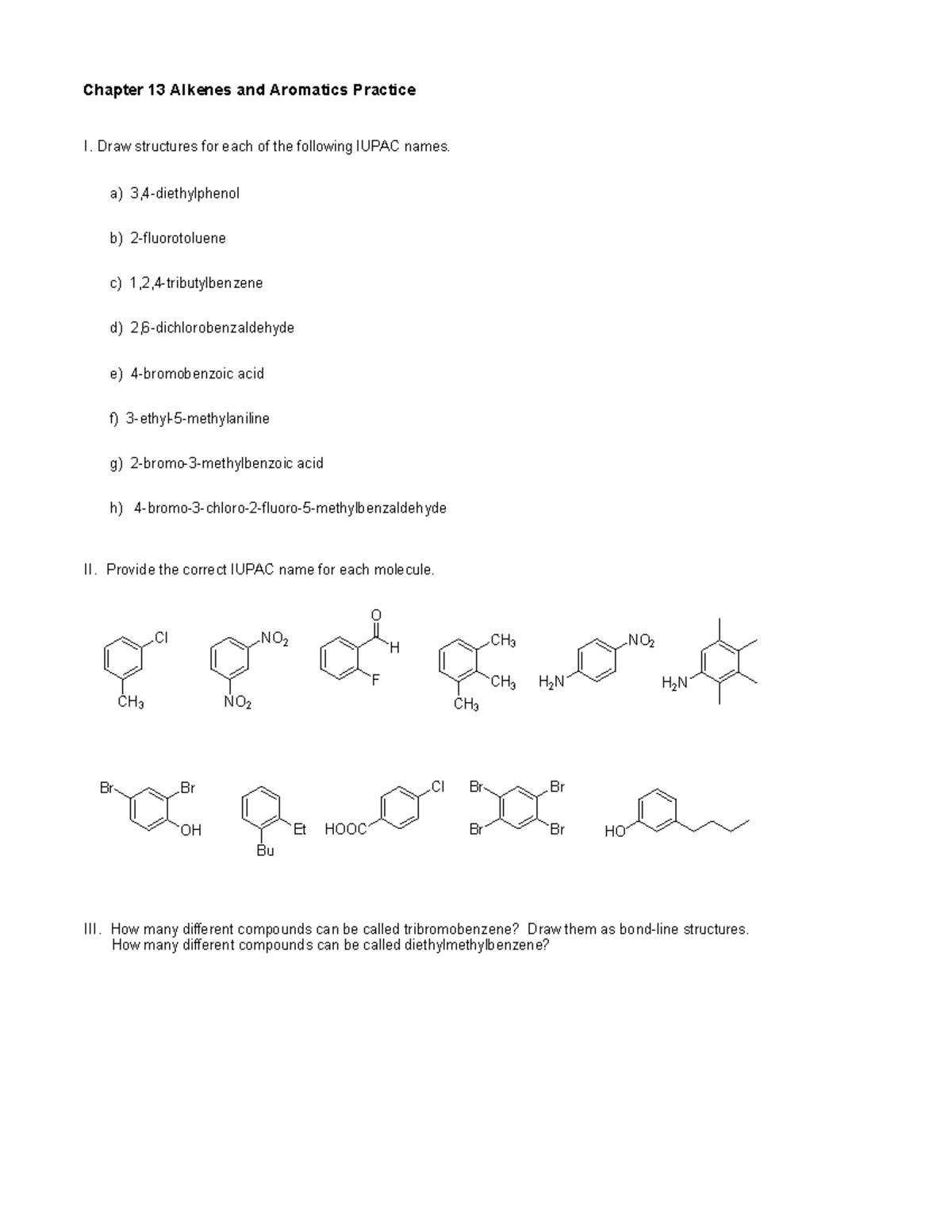 Ch. 13 Practice 2 organic - I. Draw structures for each of the ...