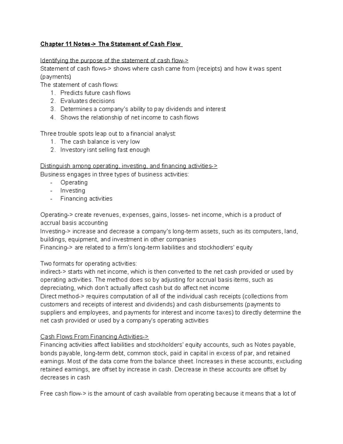 Chapter 11 Notes - Chapter 11 Notes-> The Statement of Cash Flow ...