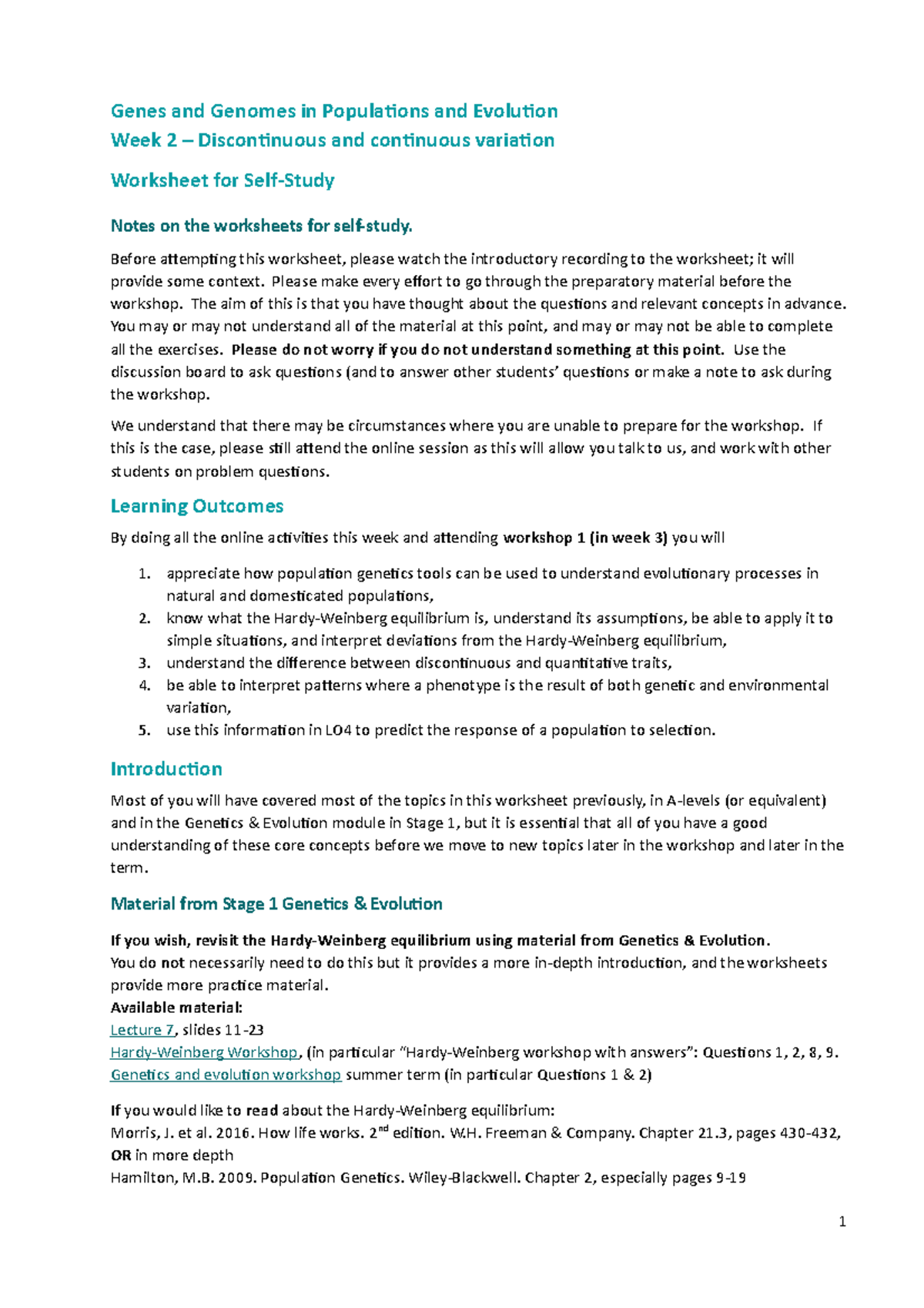 W1c worksheet for self study 2021 with answers - Genes and Genomes in ...