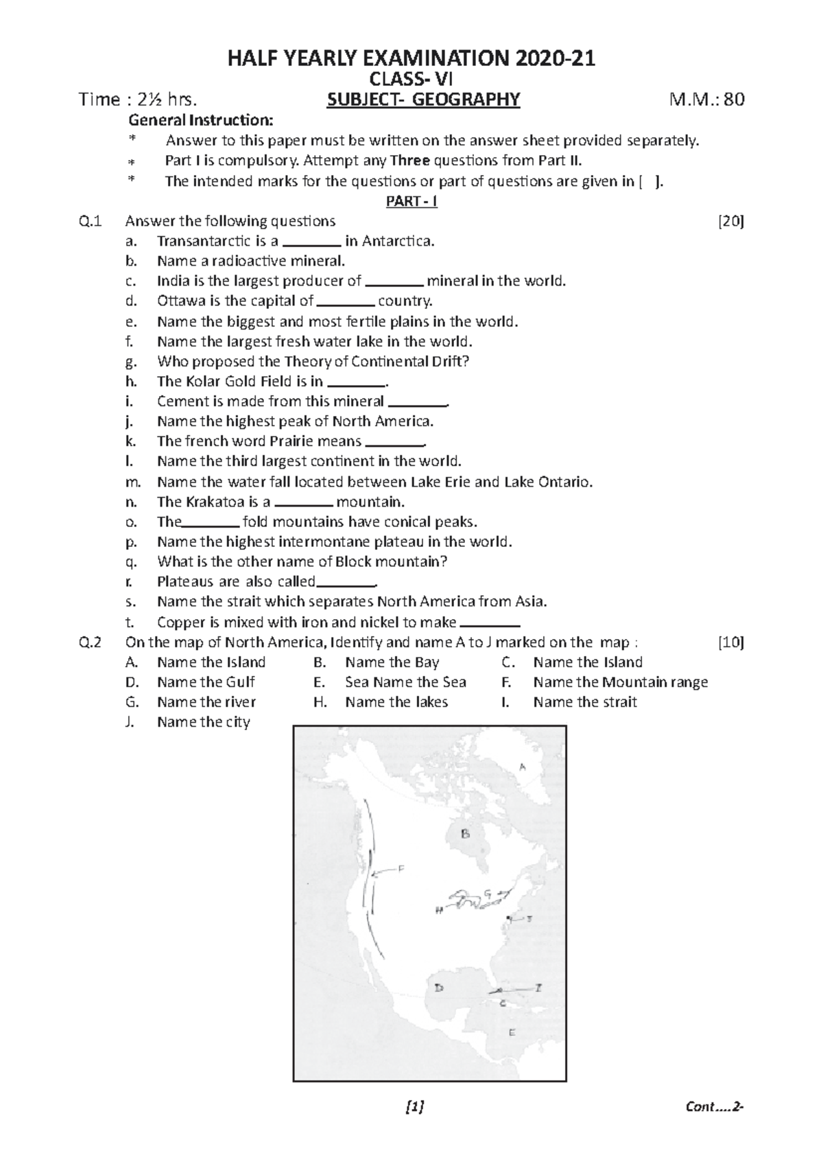 6 Geography - HALF YEARLY EXAMINATION 2020- CLASS- VI Time : 2½ hrs ...