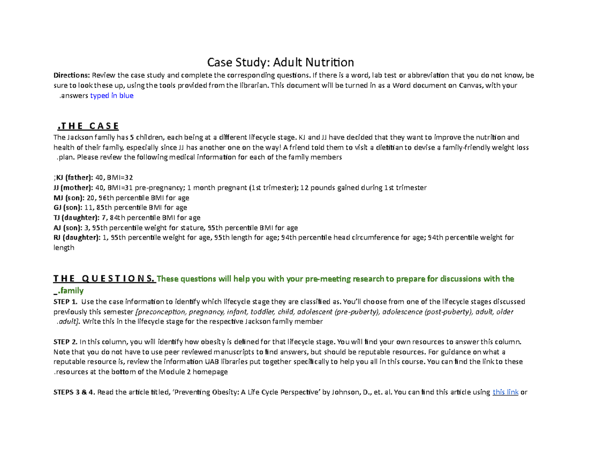 Case Study Adult Nutrition - Case Study: Adult Nutrition Directions ...