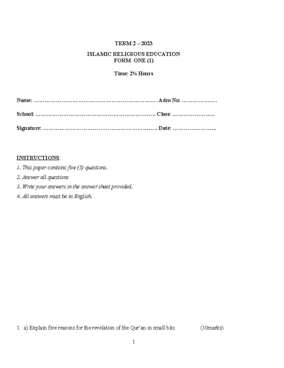 2023 Islamic Religious Education F1 QS T2 Exam Teacher - TERM 2 – 202 3 ...
