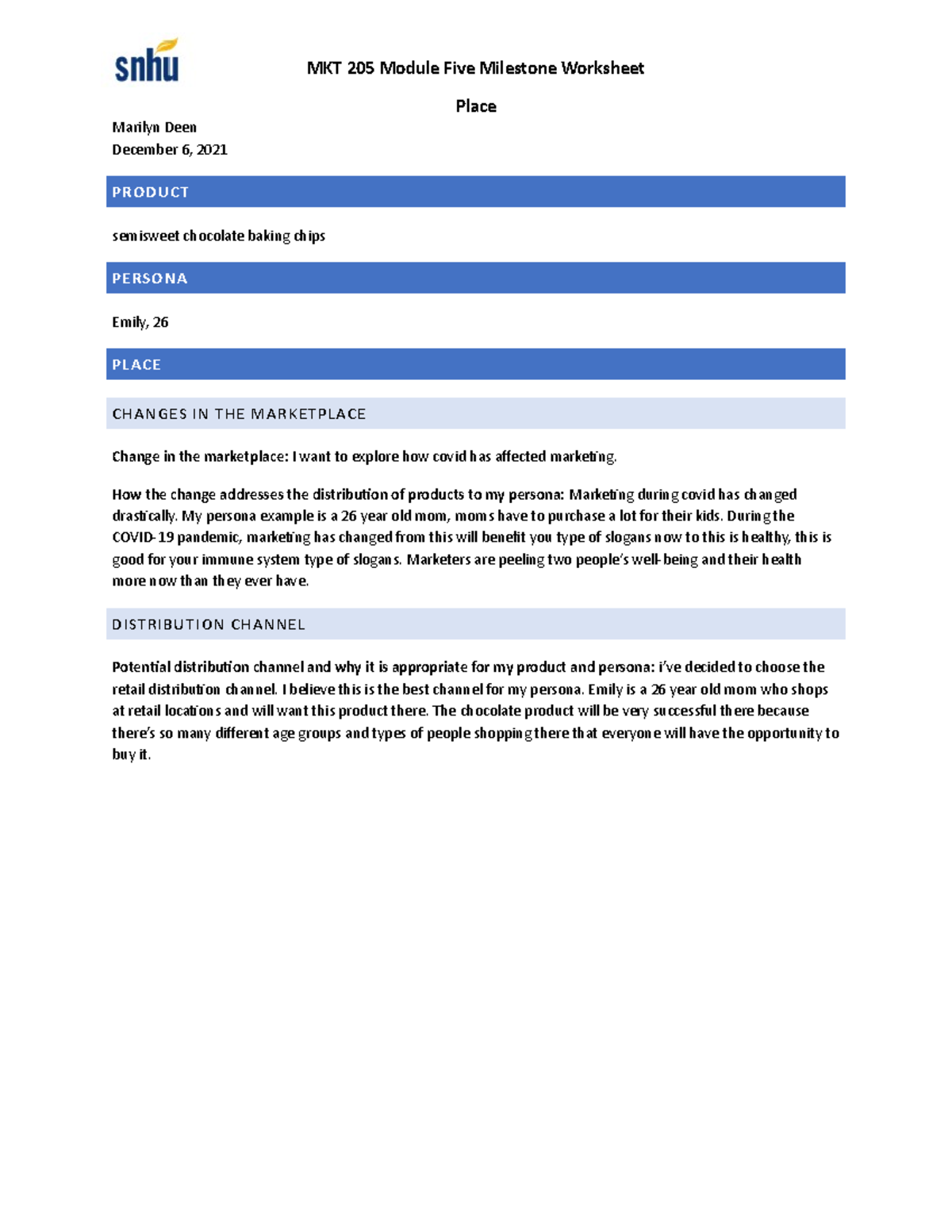 Module five place - Assignment - MKT 205 Module Five Milestone ...