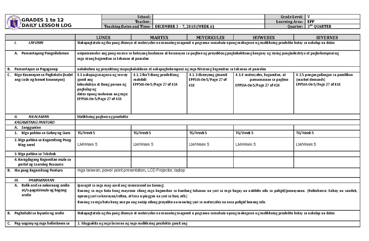 DLL EPP 5 Q3 W6 - active - GRADES 1 to 12 DAILY LESSON LOG School ...