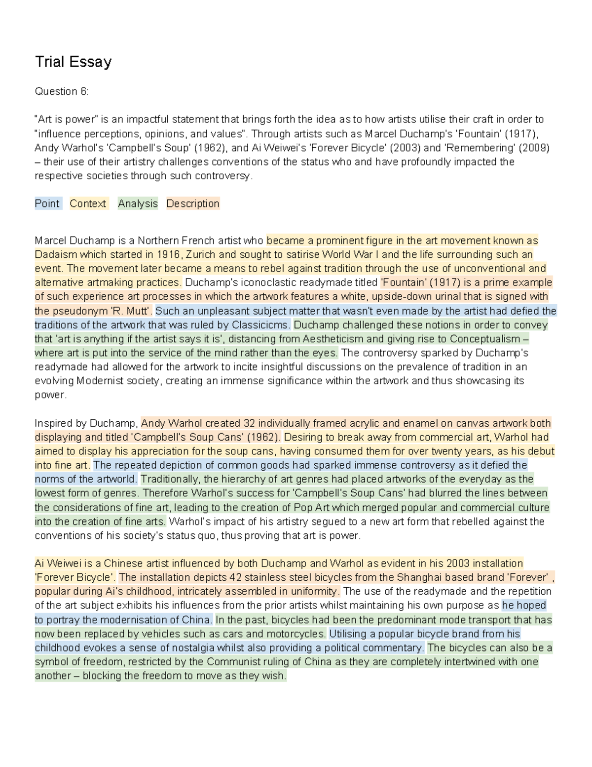 Visual Art Trials Essay - Trial Essay Question 6: “Art is power” is an ...