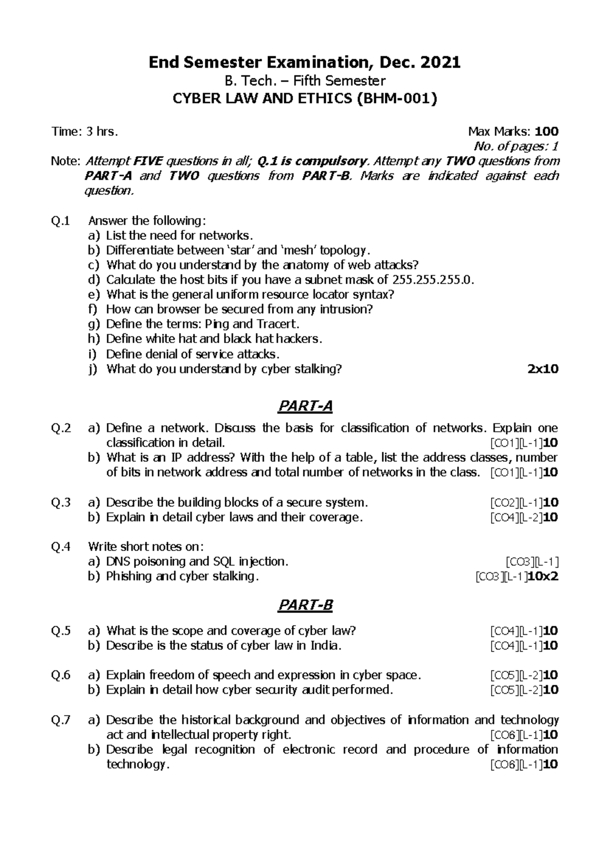 HM Question Papers DEC 2021 - B. Tech. – Fifth Semester CYBER LAW AND ...
