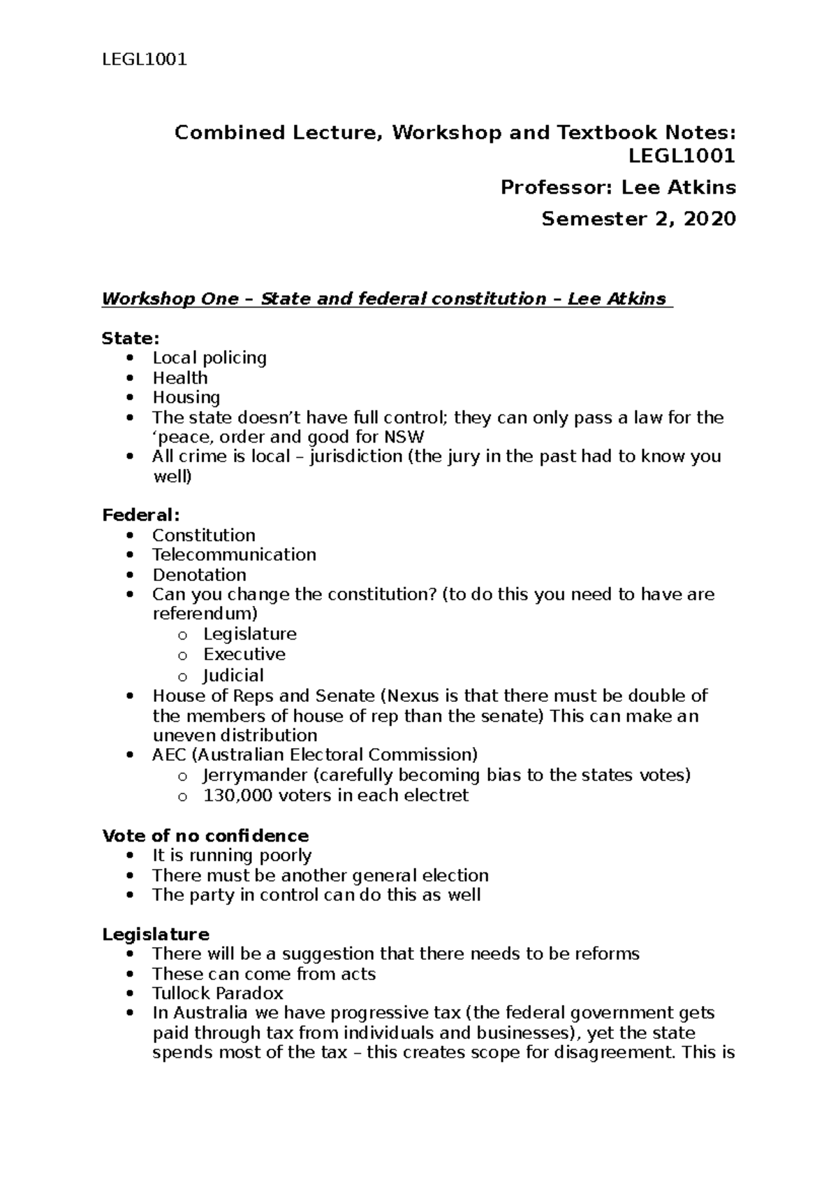 LEGL1001 - Lecture notes from tuts and class - Combined Lecture ...