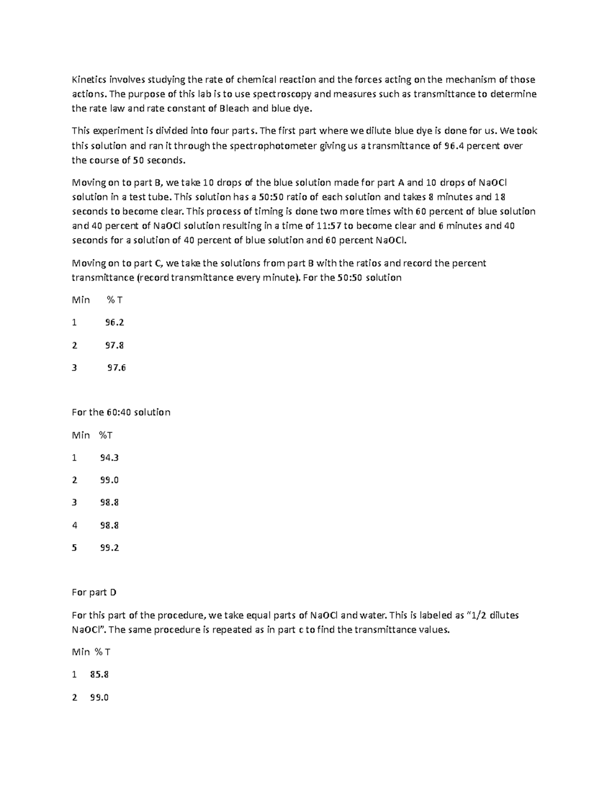 Kinetics lab report write up - Kinetics involves studying the rate of ...