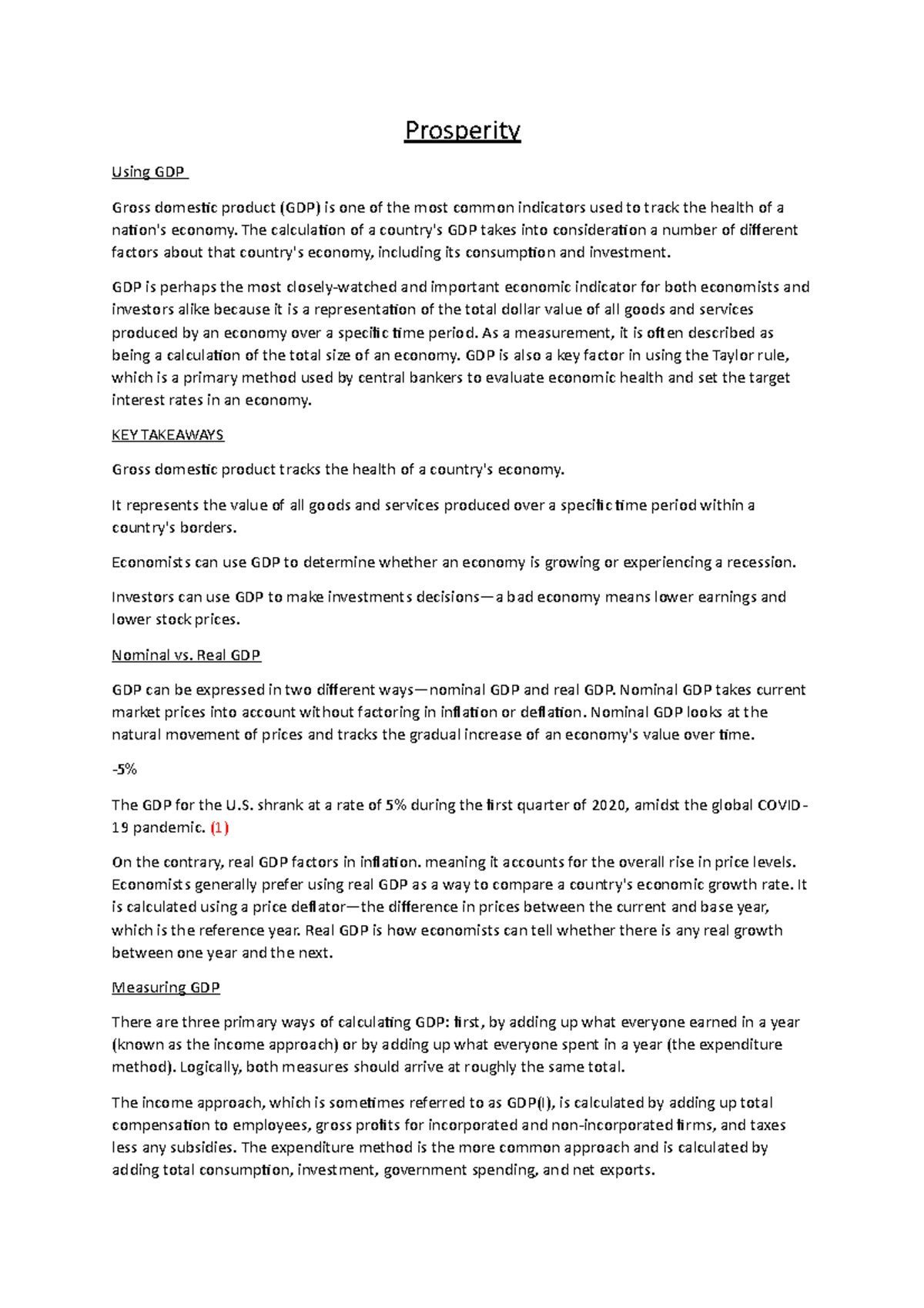Prosperity - Lecture Notes - Prosperity Using GDP Gross domestic ...