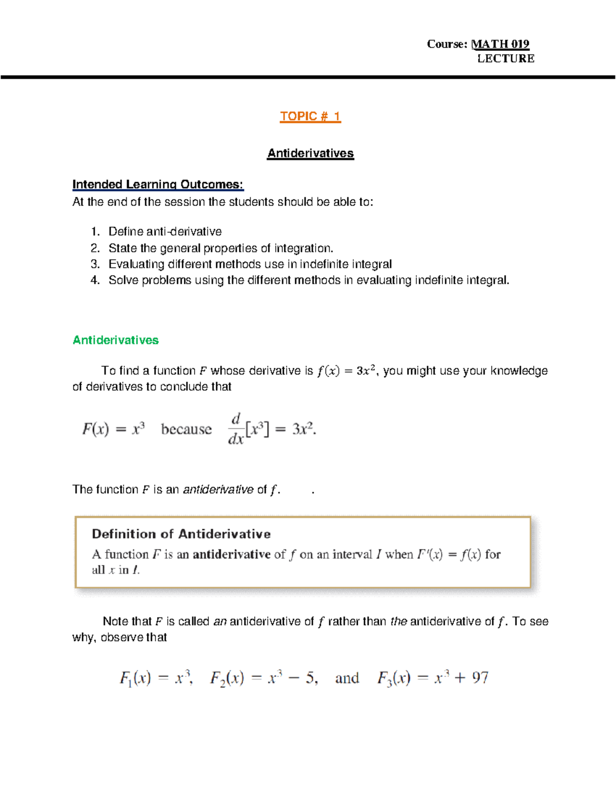 Anti-derivatives - Anti-derivatives - Calculus 2 - TIP - Studocu