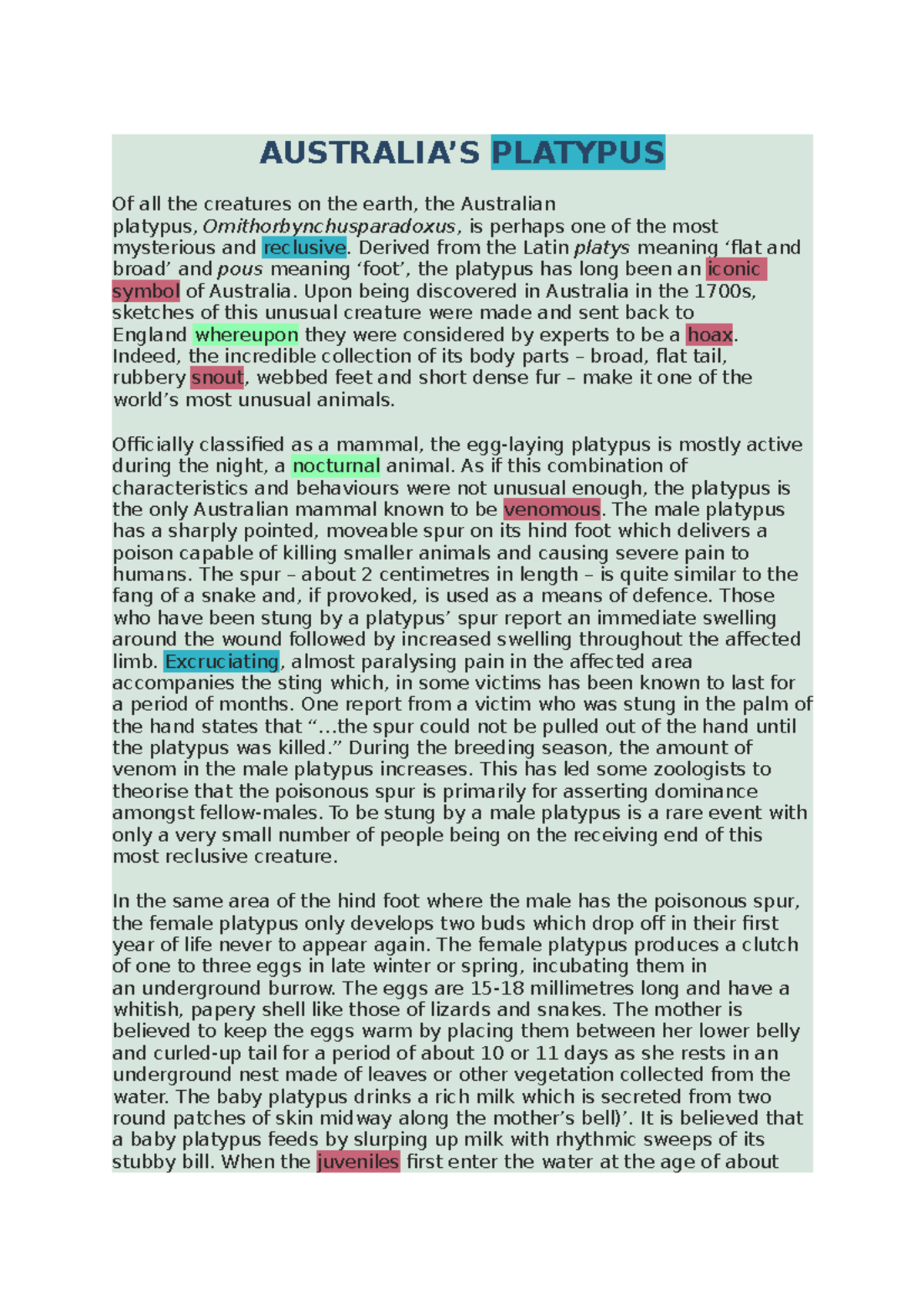 Reading - AUSTRALIA’S PLATYPUS Of all the creatures on the earth, the ...