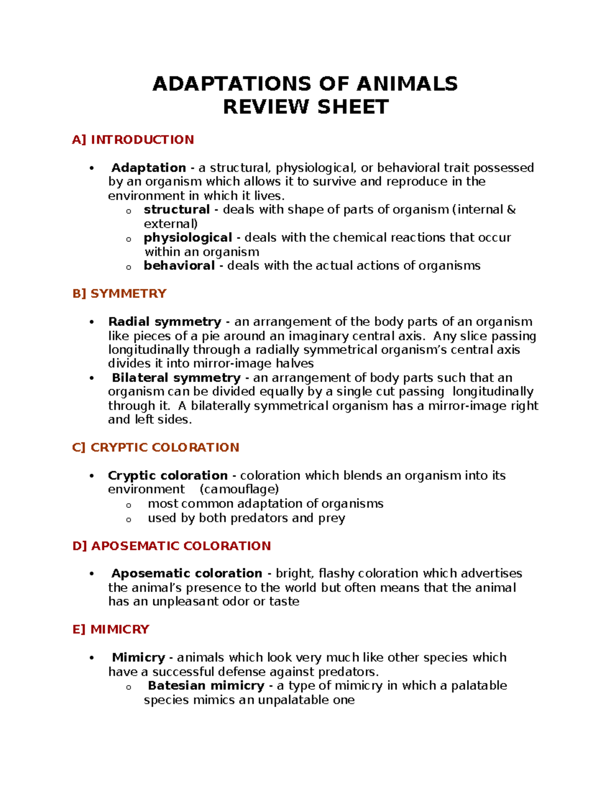 Adaptions of Animals Review Sheet - ADAPTATIONS OF ANIMALS REVIEW SHEET ...