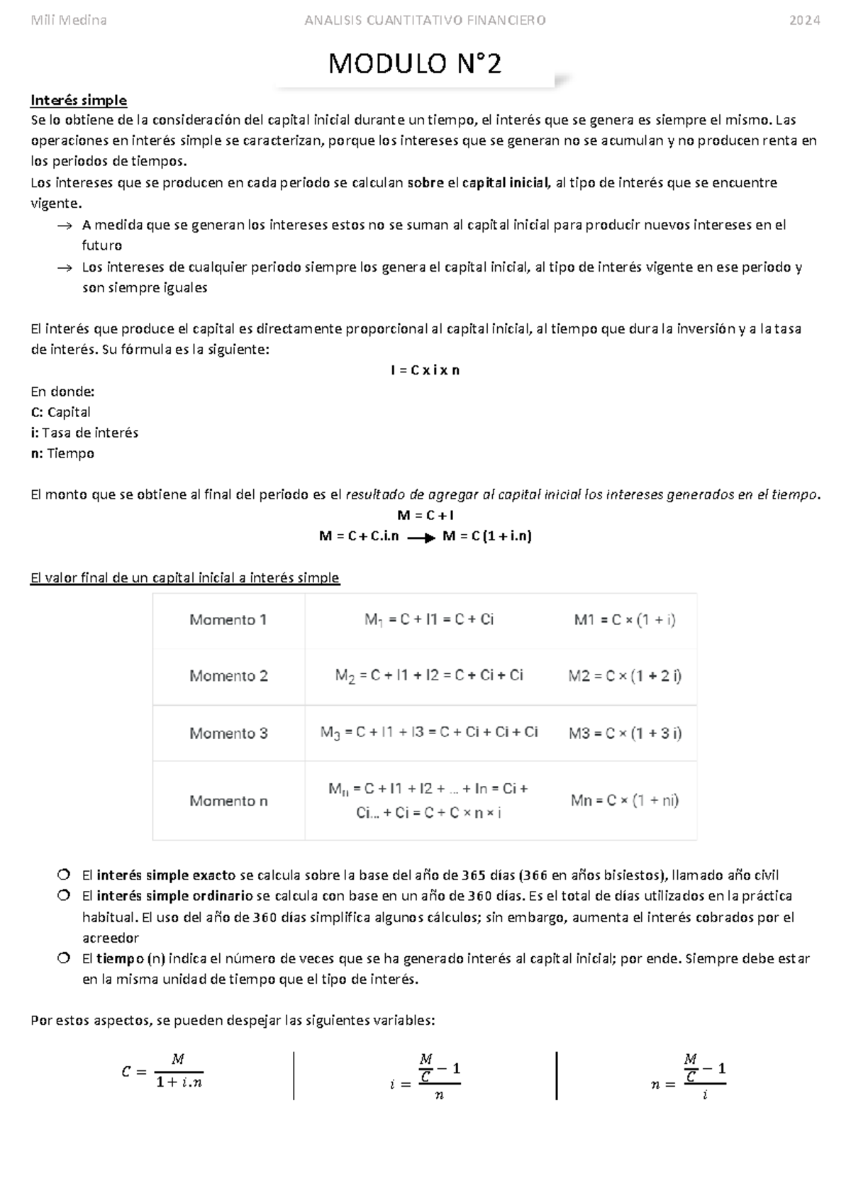 Modulo 2 - Analisis cuantitativo financiero - Interés simple Se lo obtiene de la consideración ...