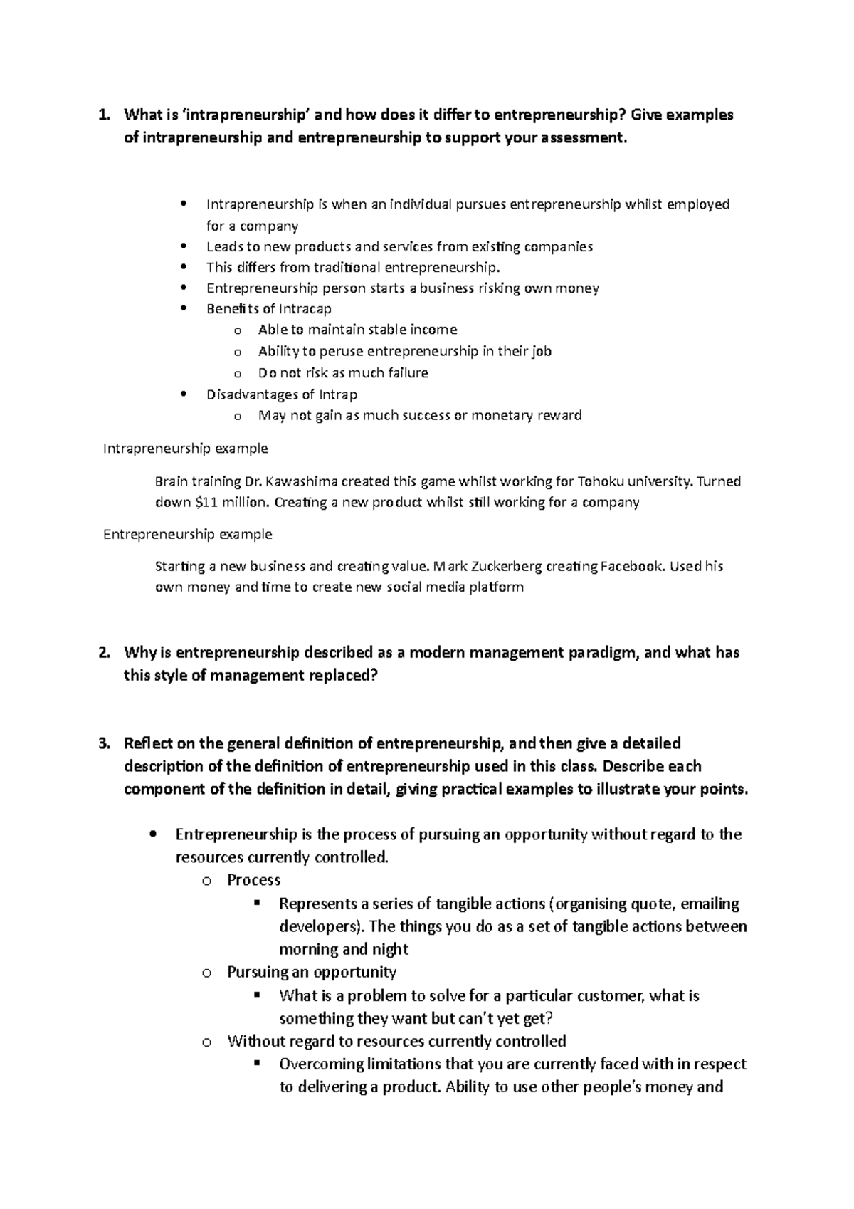 Exam Questions - 1. What is ‘intrapreneurship’ and how does it differ ...