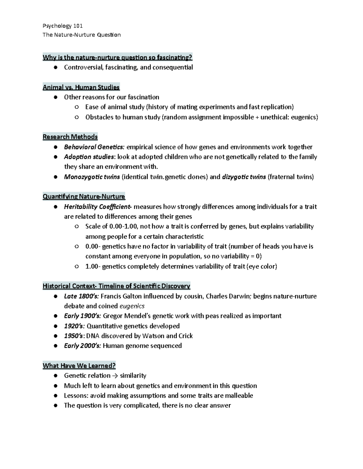 PSY 101 Nature-Nurture Question Lecture Notes Winter 23 - Psychology ...