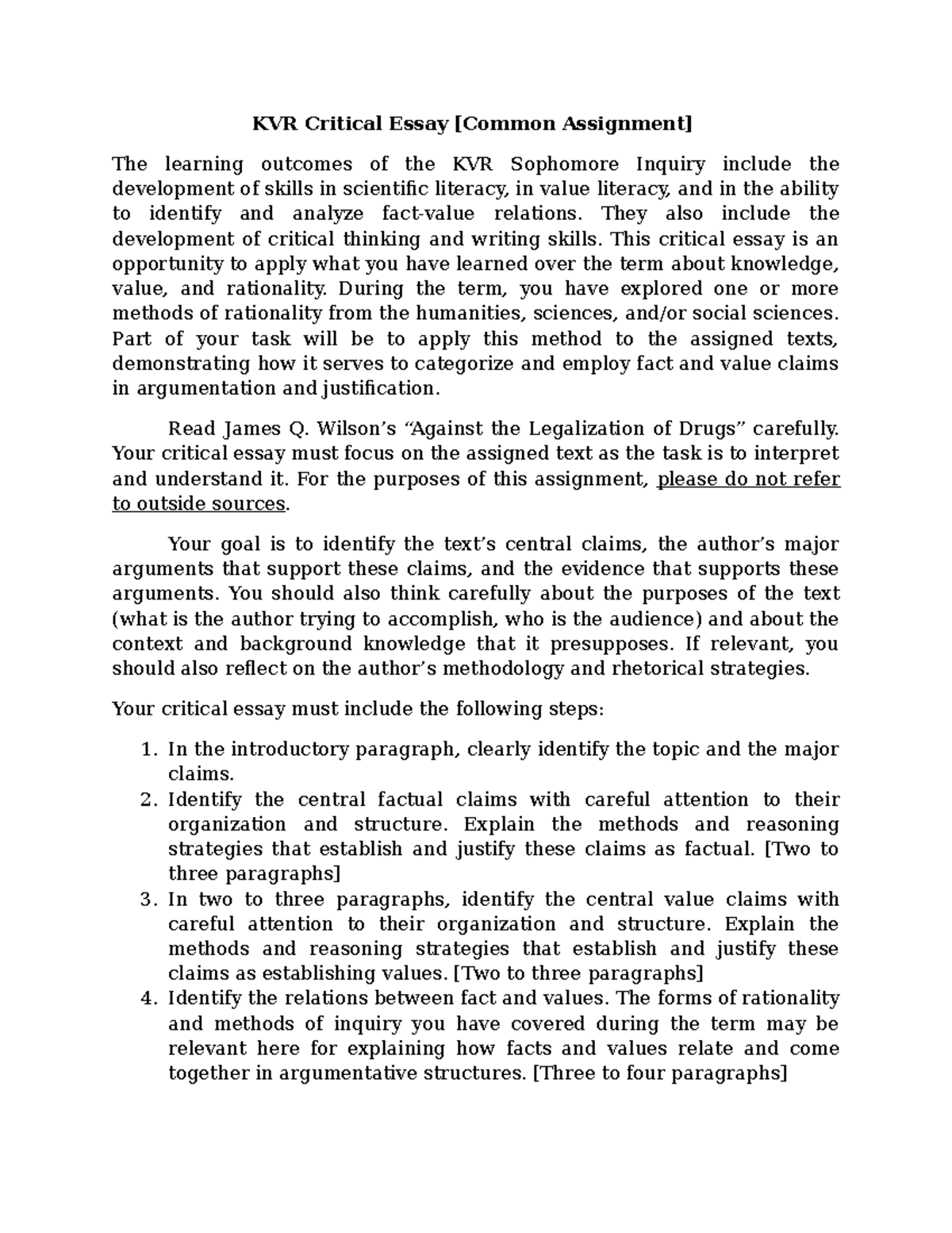 KVR Common Assignment Instructions - KVR Critical Essay The learning outcomes of the KVR ...