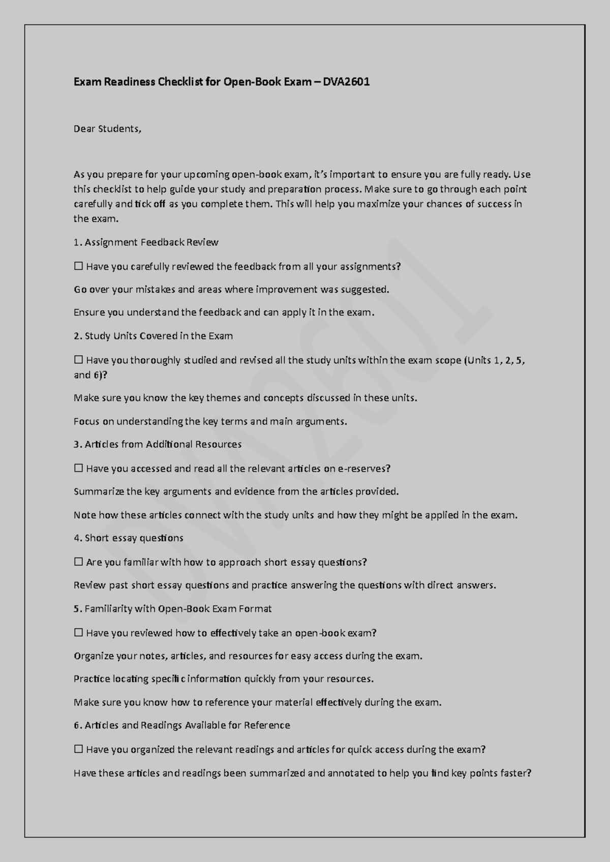 Exam Readiness Checklist for Open-Book Exam – DVA2601 - Use this ...