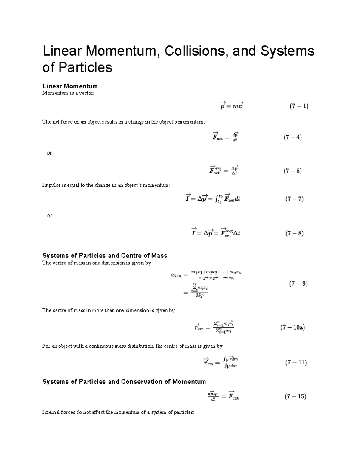 Linear Momentum - notes - Linear Momentum, Collisions, and Systems of ...