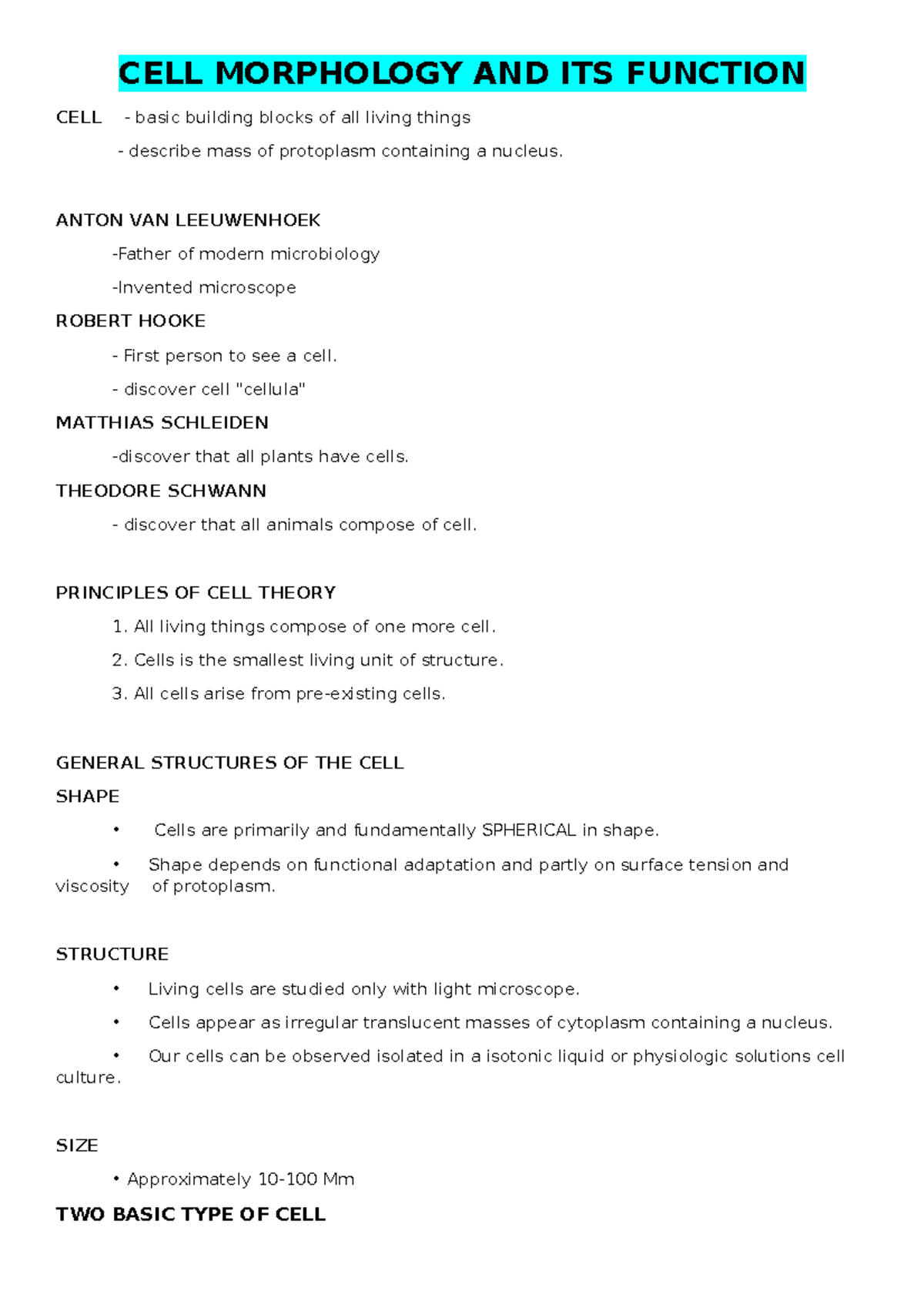 CELL Morphology AND ITS Function - CELL MORPHOLOGY AND ITS FUNCTION ...
