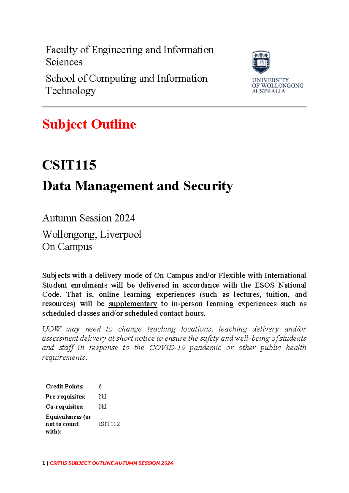 CSIT115 Subject Outline Autumn 2024 - Faculty of Engineering and ...