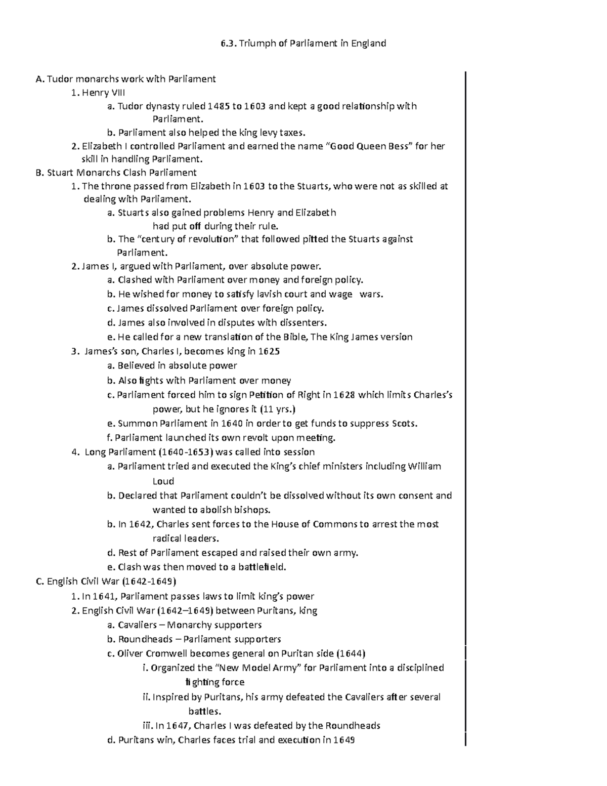 Topic 6.3 Notes - Triumph of Parliament in England A. Tudor monarchs ...