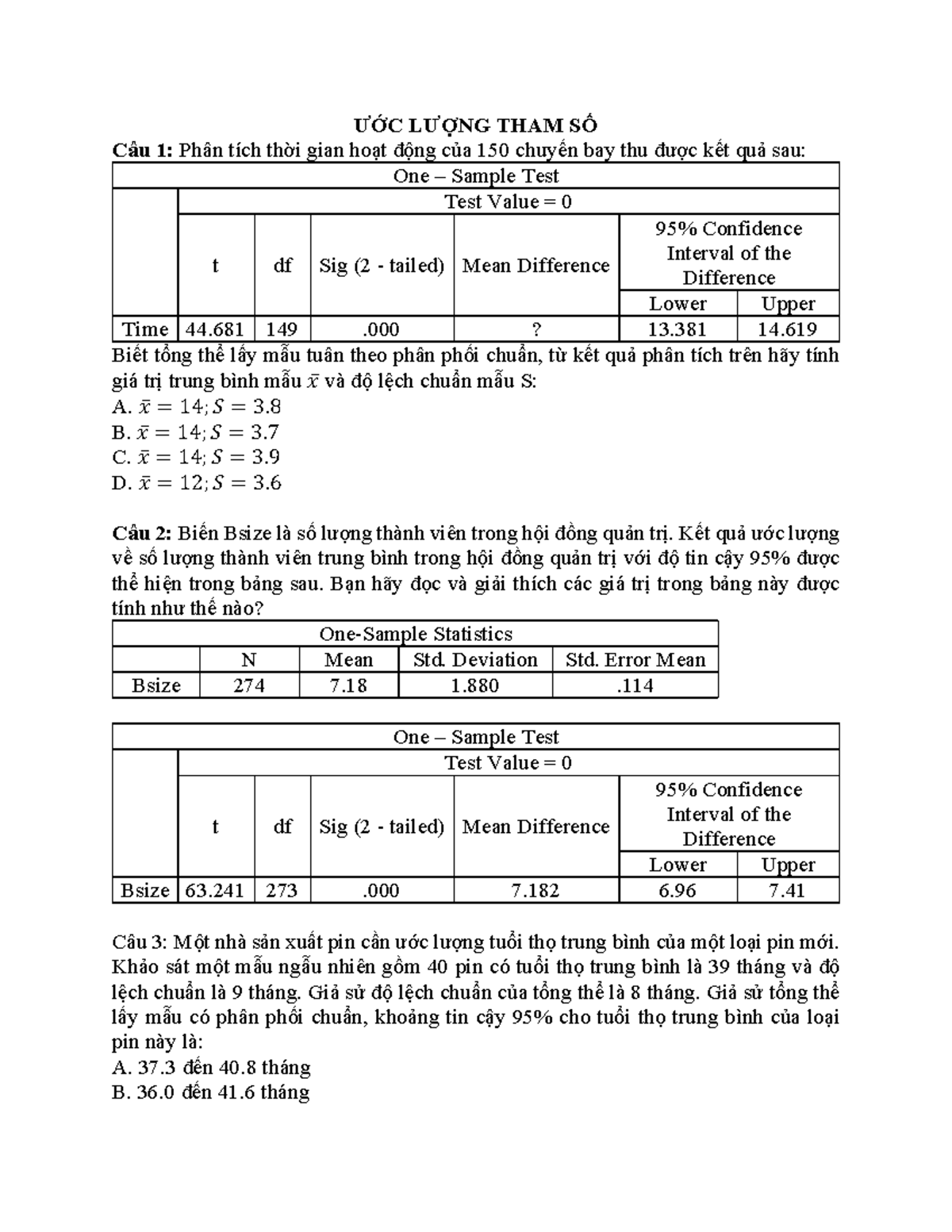 UOC Luong - fsdfsdf - ƯỚC LƯỢNG THAM SỐ Câu 1: Phân tích thời gian hoạt ...