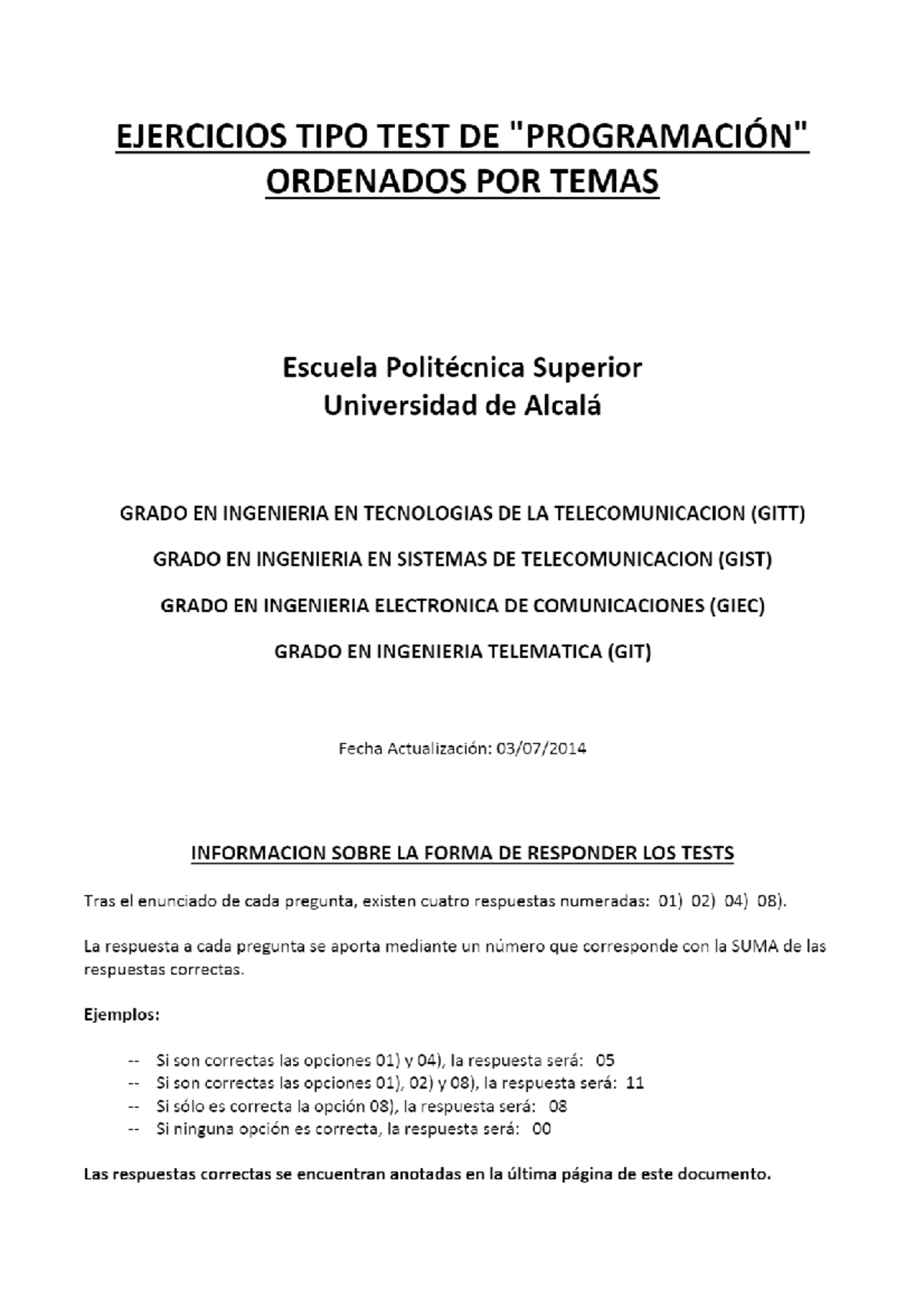 Ejercicios TIPO TEST DE Programación Ordenados POR Temas - PDF Free ...