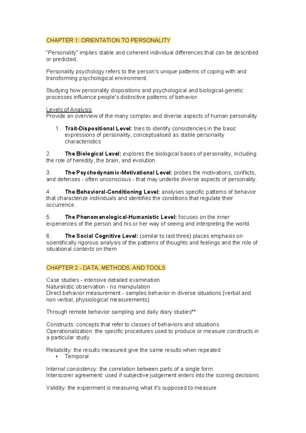Personality Notes - CHAPTER 1: ORIENTATION TO PERSONALITY “Personality ...