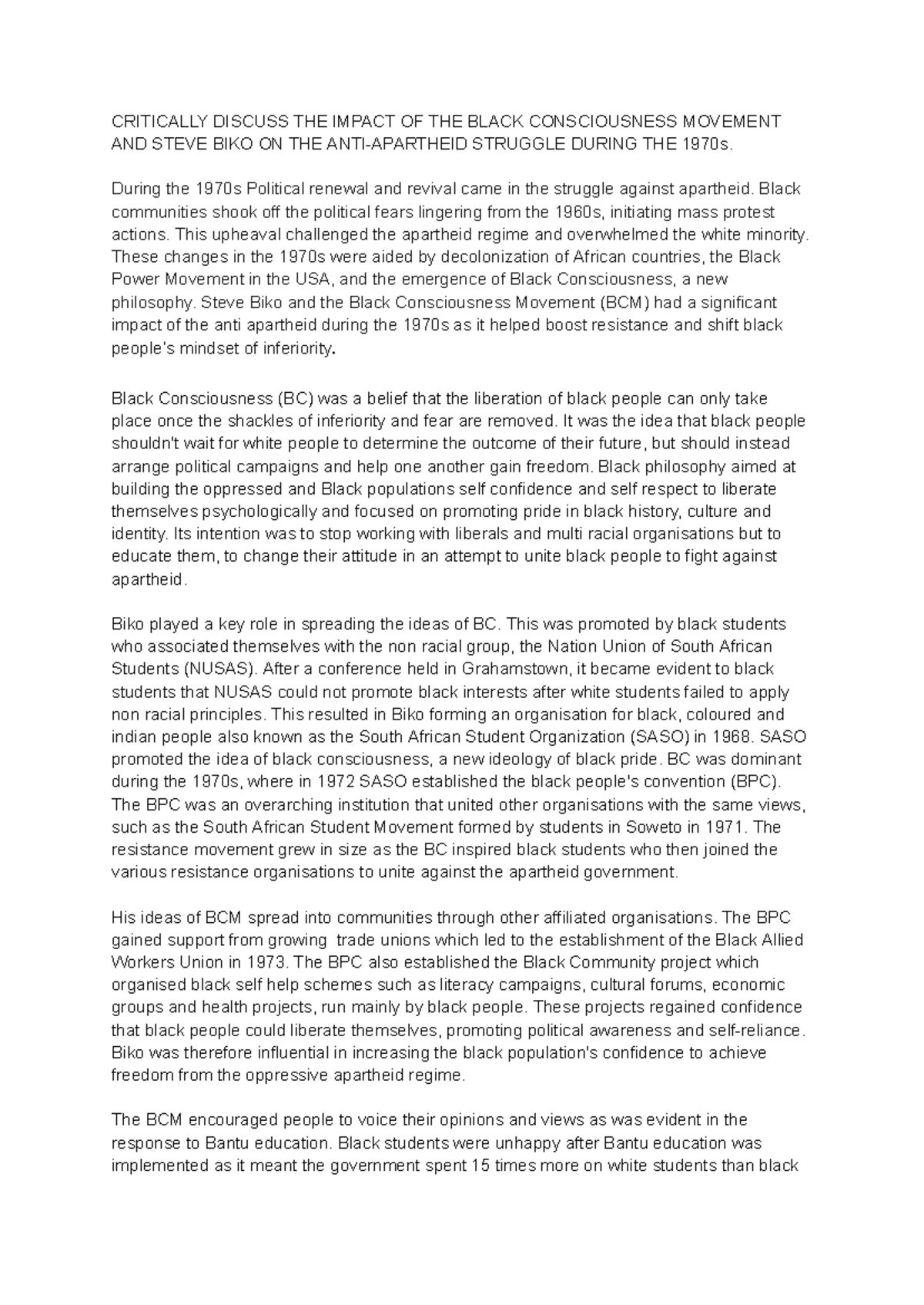 BCM Essay History - CRITICALLY DISCUSS THE IMPACT OF THE BLACK ...