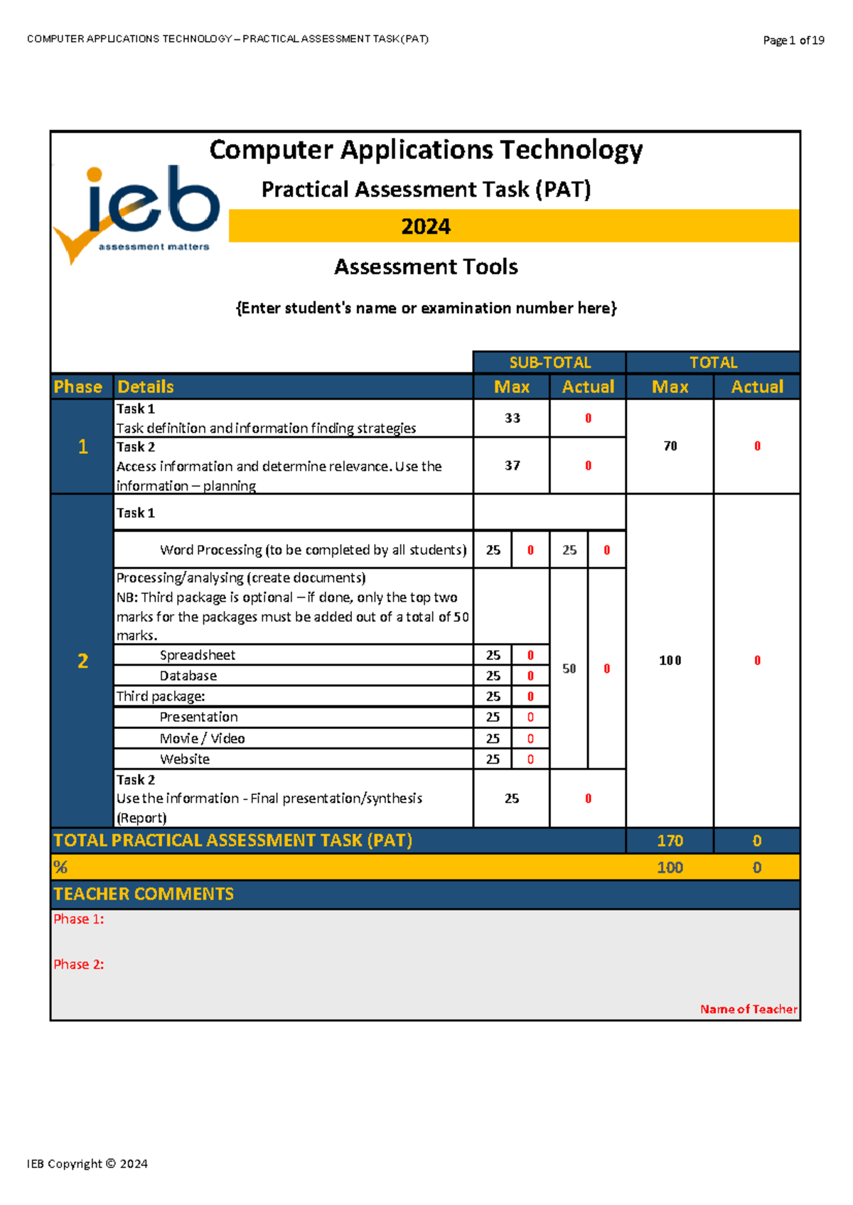 CAT PAT Assessment Tools 2024 - Phase Details Max Actual Task 1 Task ...