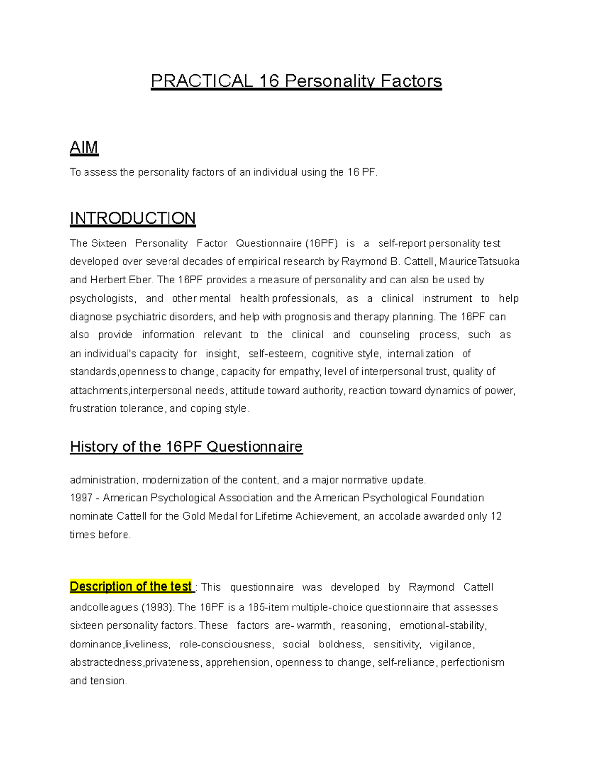 16pf - 16PF SHORT - PRACTICAL 16 Personality Factors AIM To assess the ...