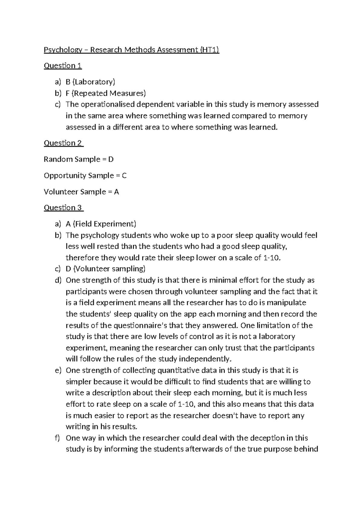 Research Methods Assessment (HT1) - A Level Psychology - Psychology ...