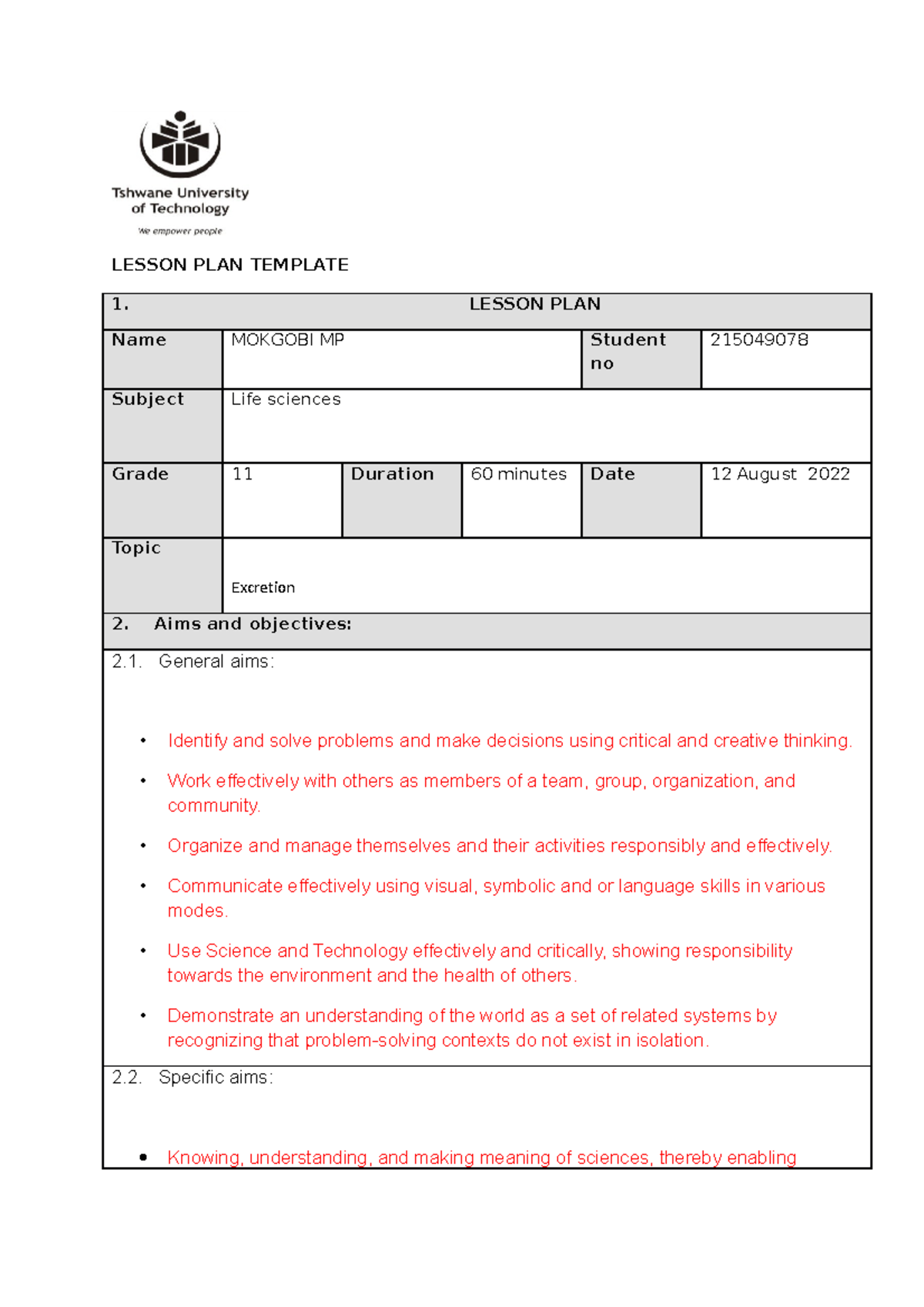 LIFE Sciences 12 august - LESSON PLAN TEMPLATE 1. LESSON PLAN Name ...