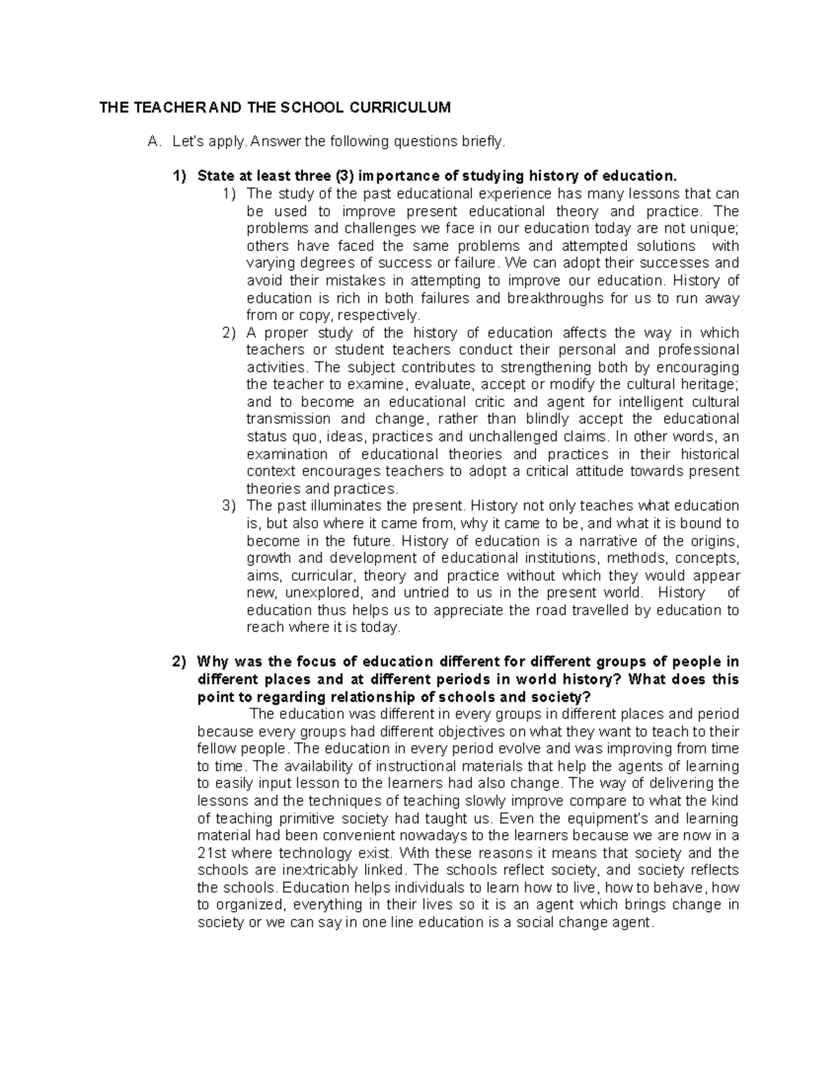 The Teacher and the School Curriculum Activities - THE TEACHER AND THE ...