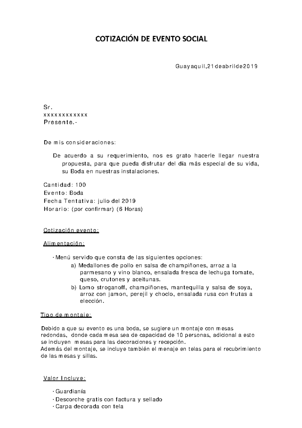 Formato de cotizacion para eventos - COTIZACIÓN DE EVENTO SOCIAL Gu ay ...