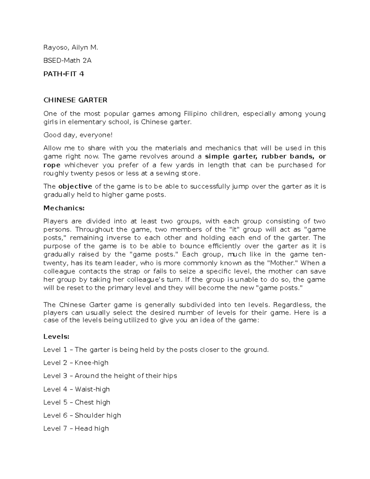 Pe namoc piko and chinese - Rayoso, Ailyn M. BSED-Math 2A PATH-FIT 4 ...