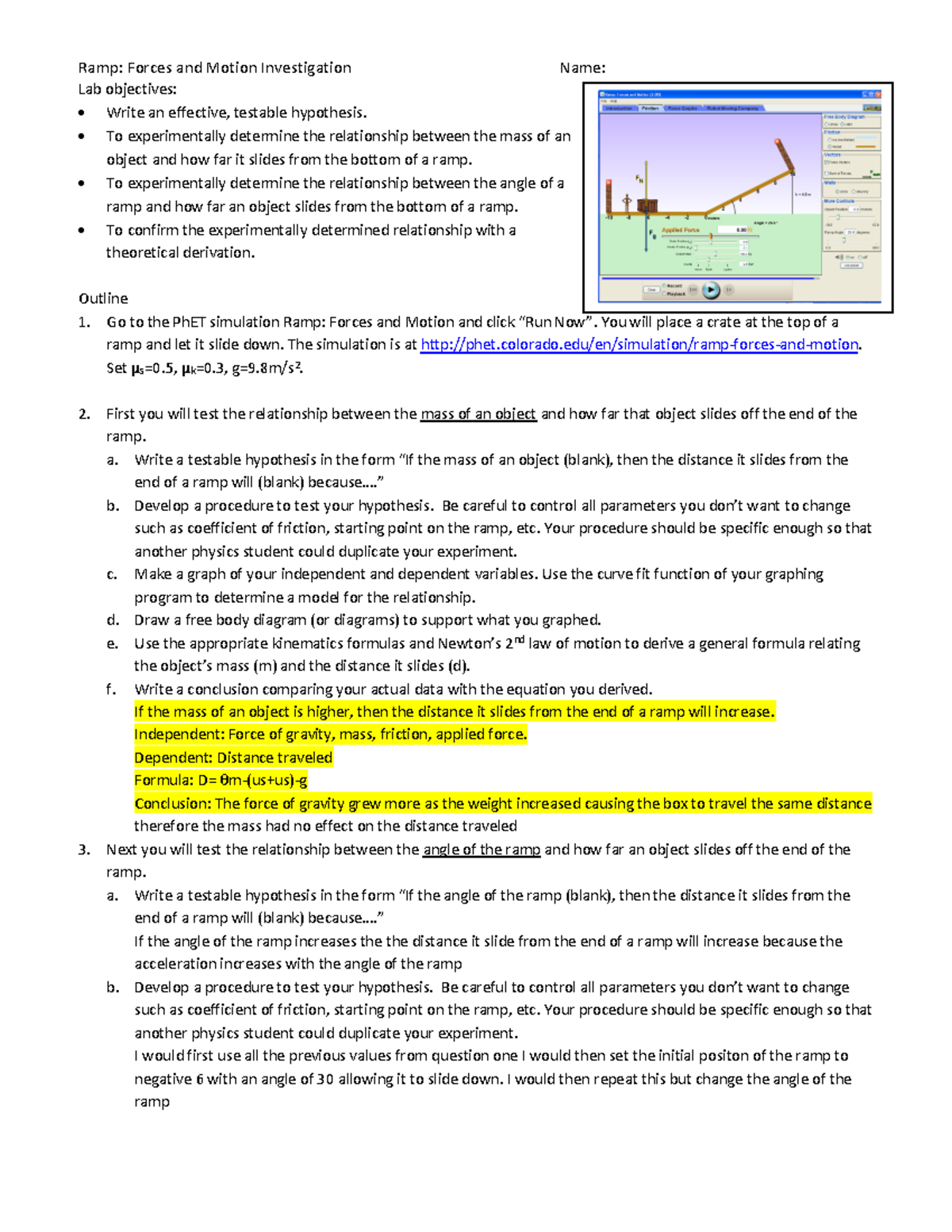 Lab 4 - Ph ET Ramp Forces and Motion Investigation - Lab objectives: Write an effective ...