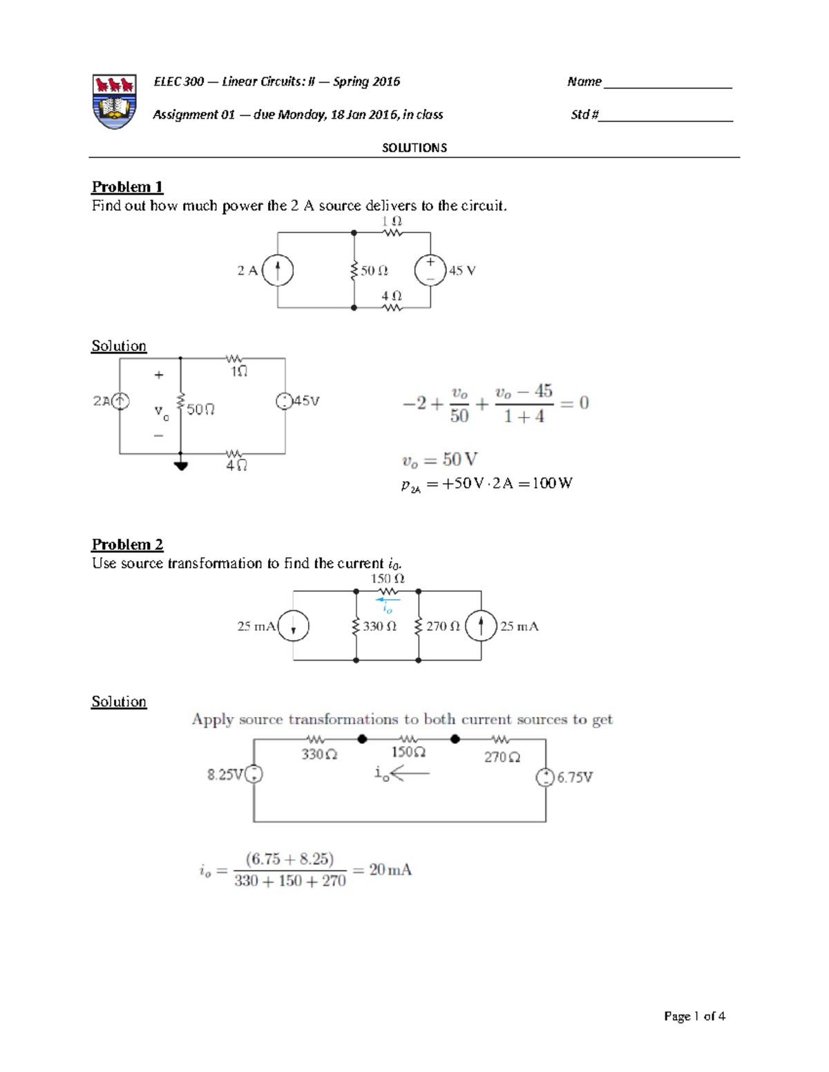 Assignment 01-Sol - Ass 1 - ELEC 300 — Linear Circuits: II — Spring ...