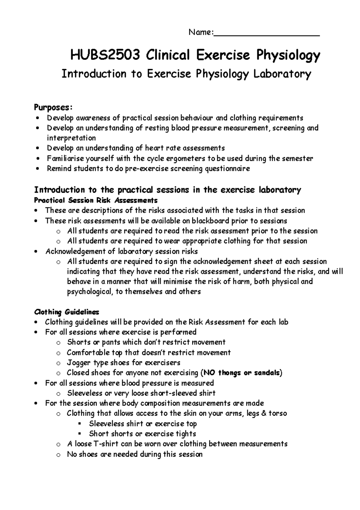 HUBS2503 Lab 1 Introduction to Exercise Physiology Laboratory(1) - Name ...
