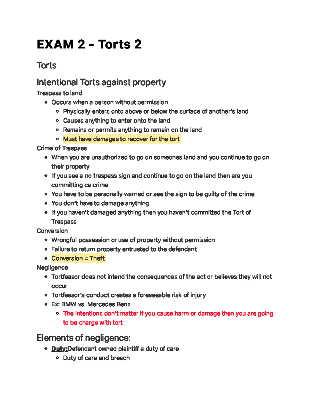 EXAM 2 - Torts 2 - Lecture 14 Notes - EXAM 2 - Torts 2 Torts ...