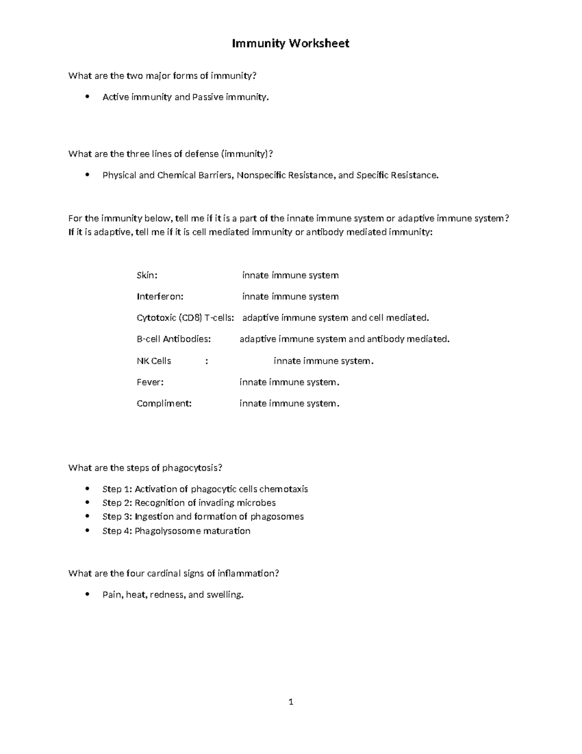 BIOS255 - Immunity Worksheet - What are the two major forms of immunity ...
