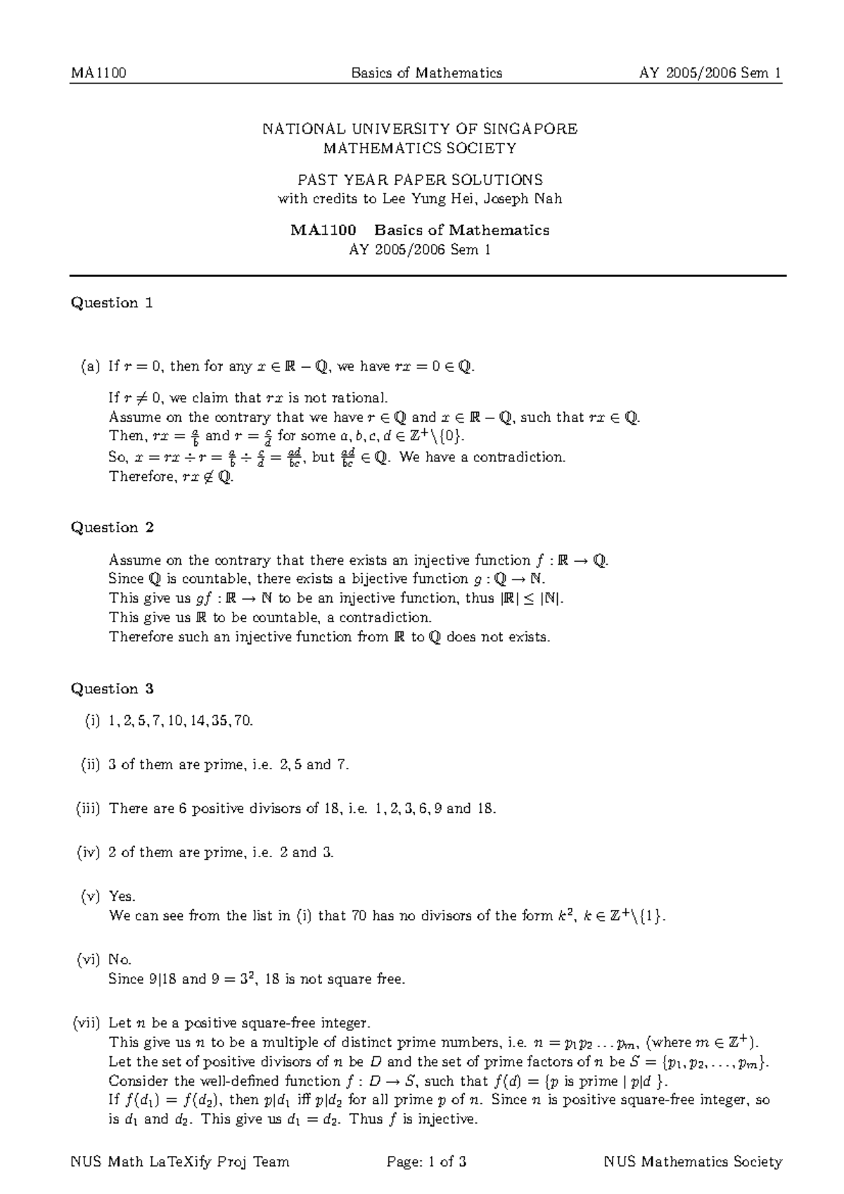 MA1100 0510 Solutions - MA1100 Basics of Mathematics AY 2005/2006 Sem 1 NATIONAL UNIVERSITY OF ...