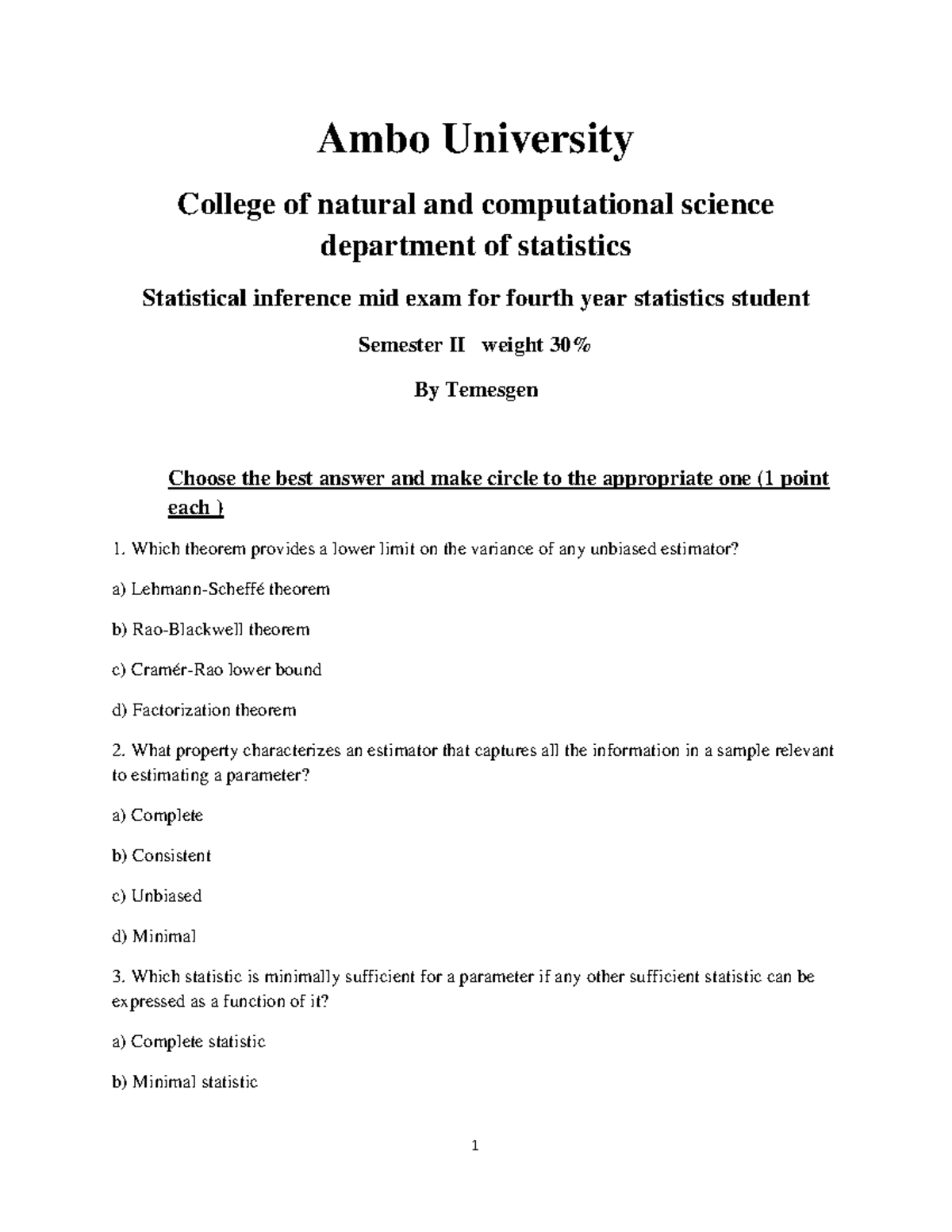 4th year inference exam 112510 113439 - Ambo University College of natural and computational ...