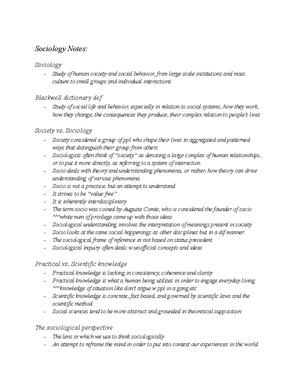 Sociology Notes - CSULA - Sociology Notes: Sociology Study of human ...