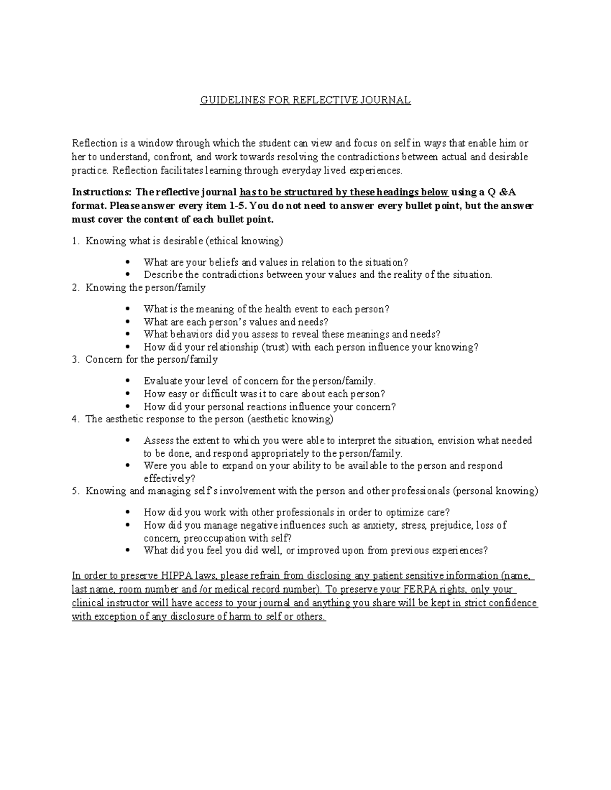 N341 - Clinical Reflective Journal - GUIDELINES FOR REFLECTIVE JOURNAL ...