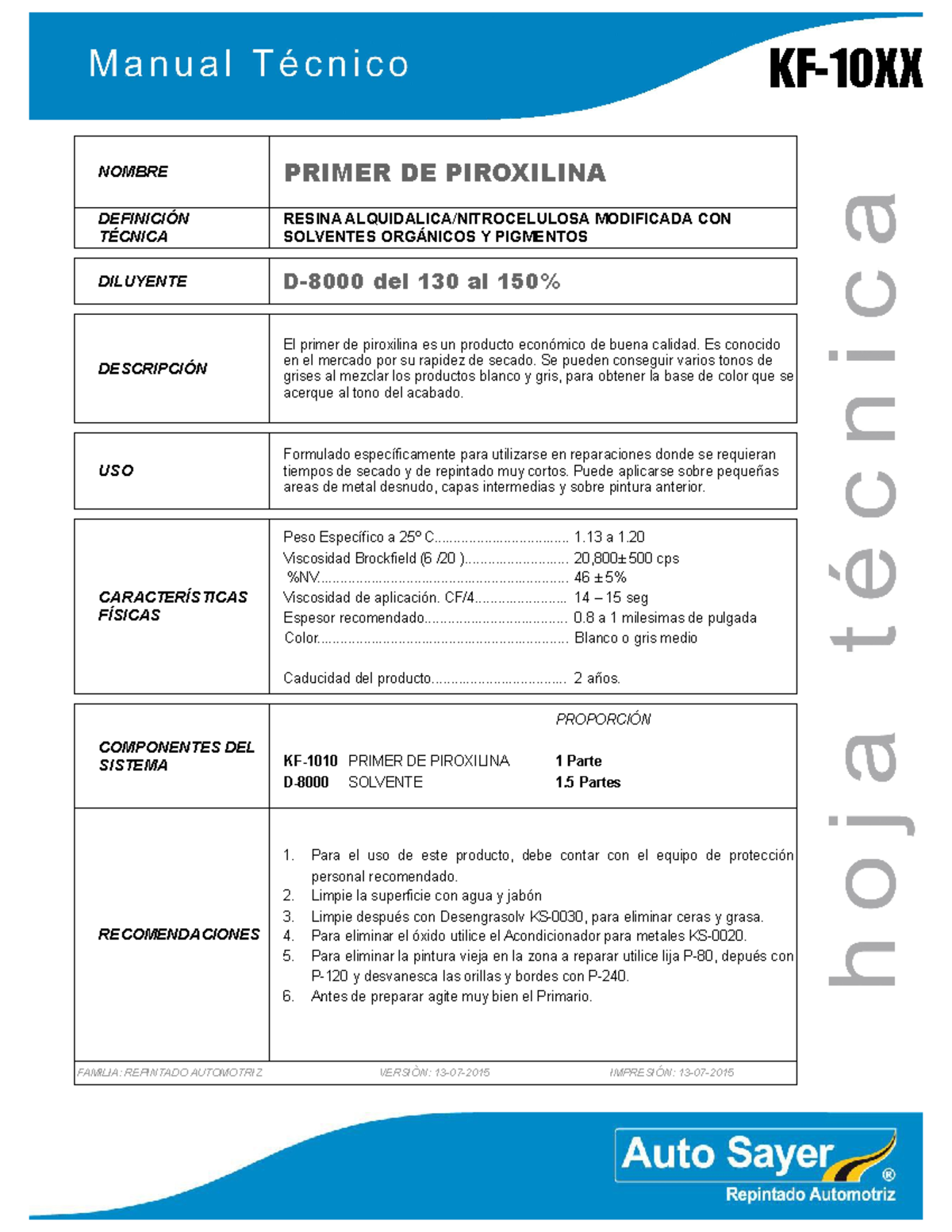 KF10XX - descripción ficha tecnia - KF-10XX NOMBRE PRIMER DE PIROXILINA DEFINICIÓN TÉCNICA ...