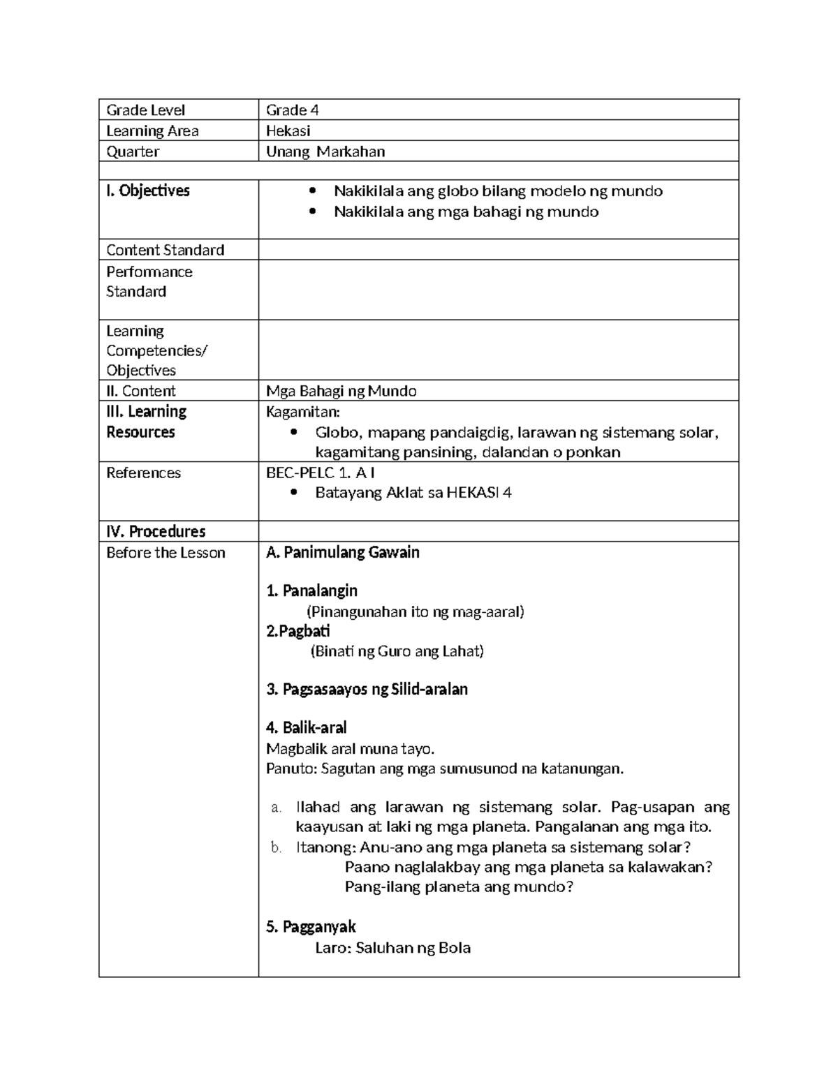 Hekasi-4 - Dlp - Grade Level Grade 4 Learning Area Hekasi Quarter Unang Markahan I. Objectives ...