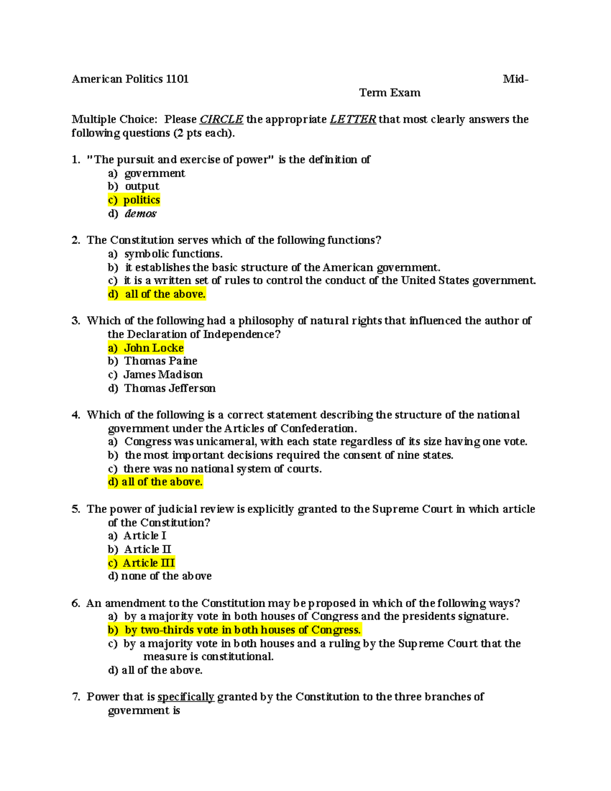 Midterm 5 - Exam - American Politics 1101 Mid- Term Exam Multiple ...