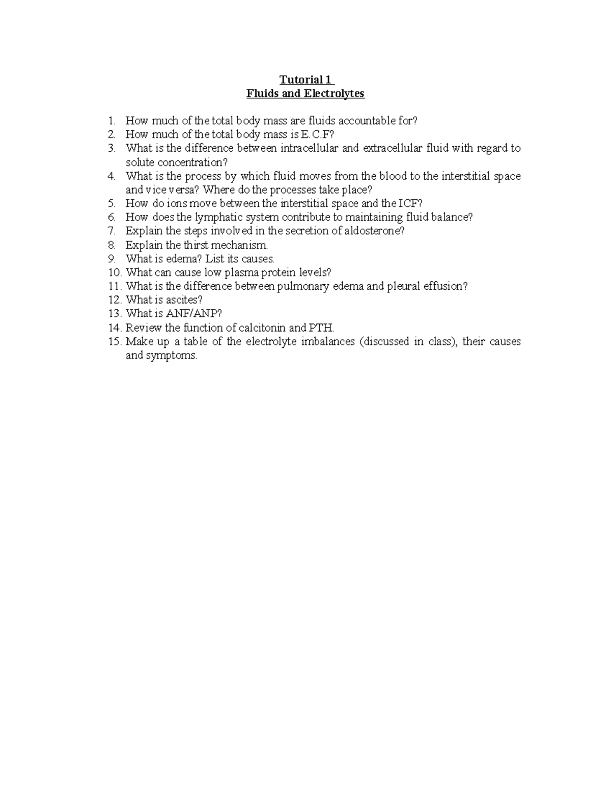Tutorial 1 worksheet - Tutorial 1 Fluids and Electrolytes How much of ...